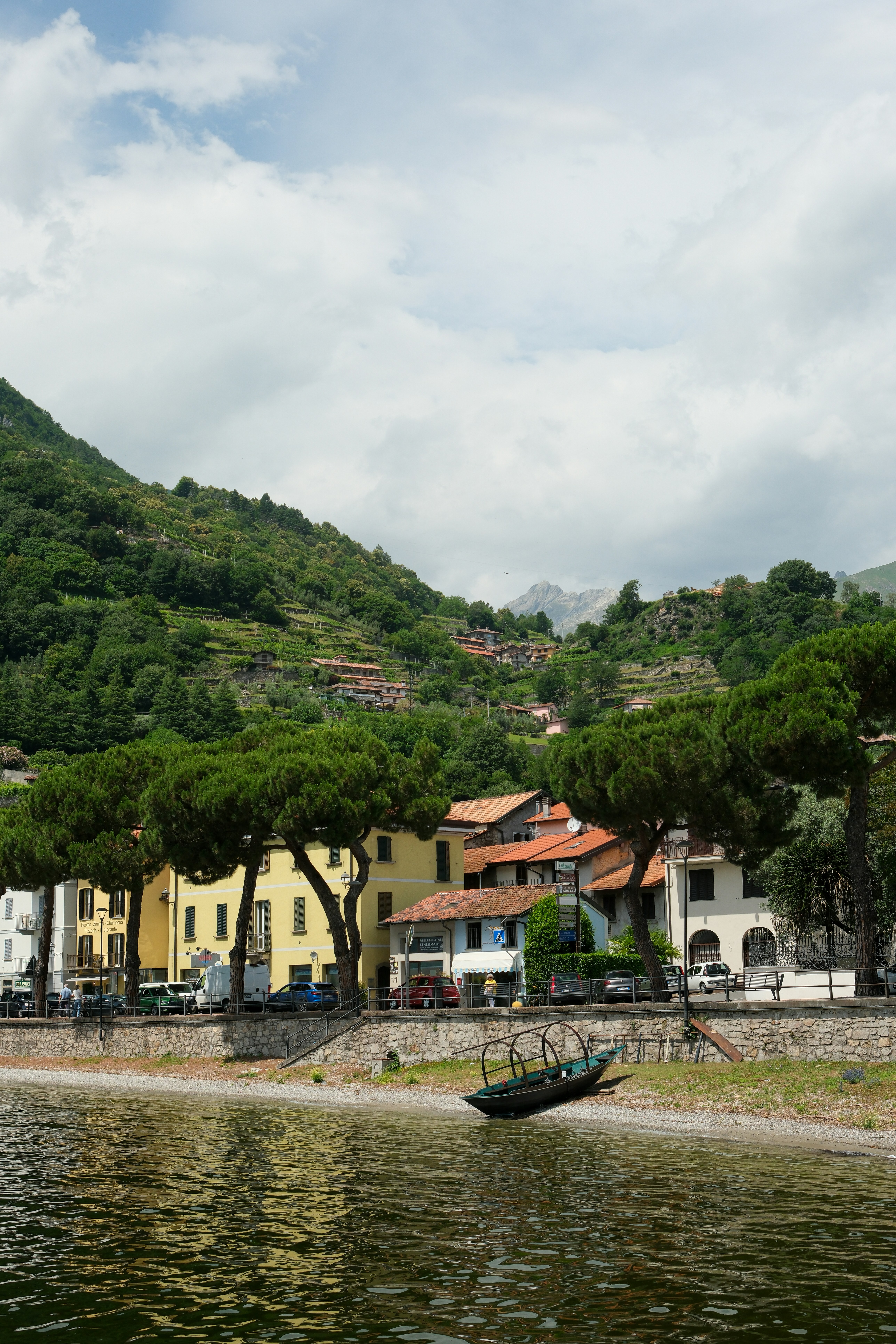 Lakeside Village with Boats and Terraced Hills
