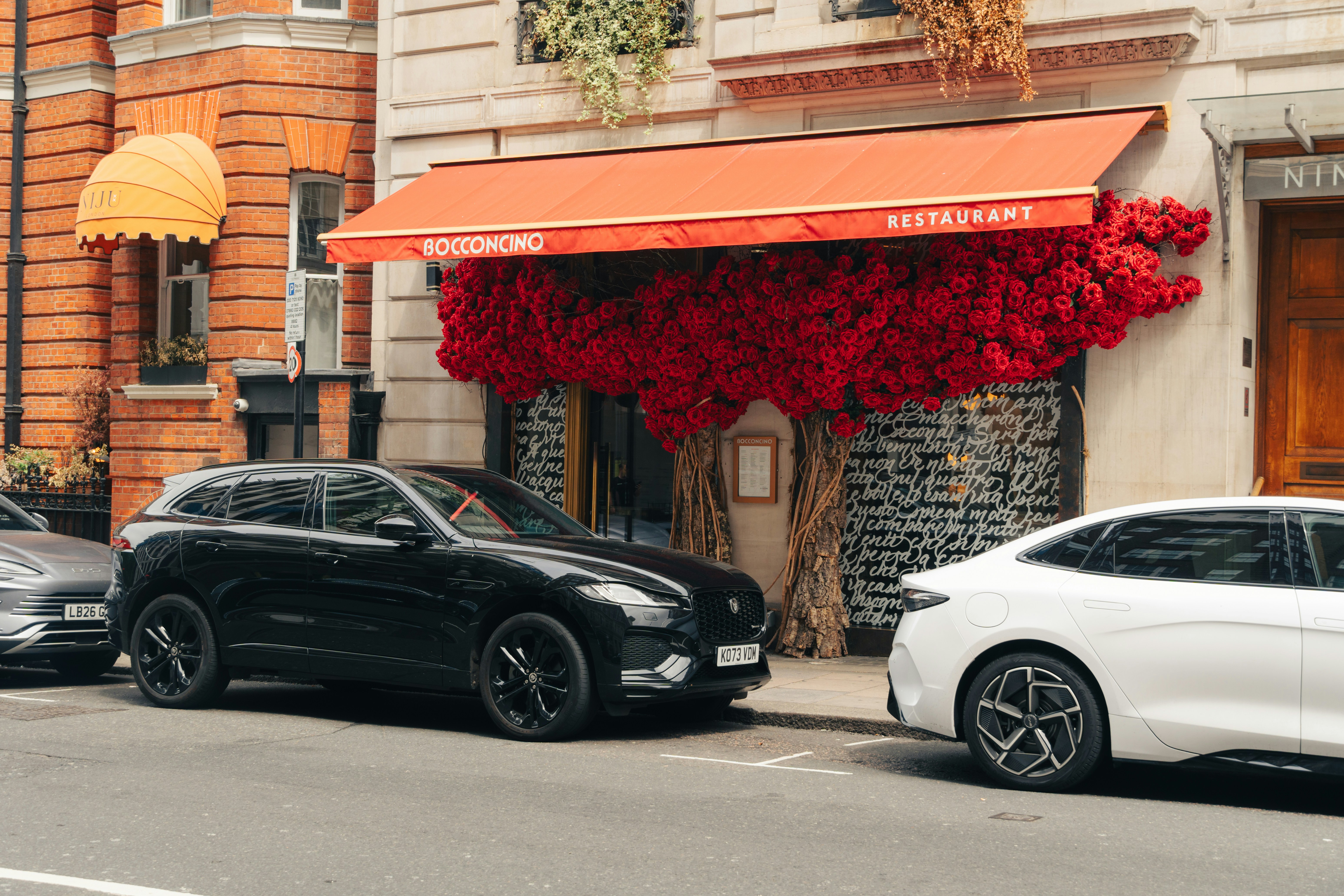 Crimson Canopy in Front of a City Café