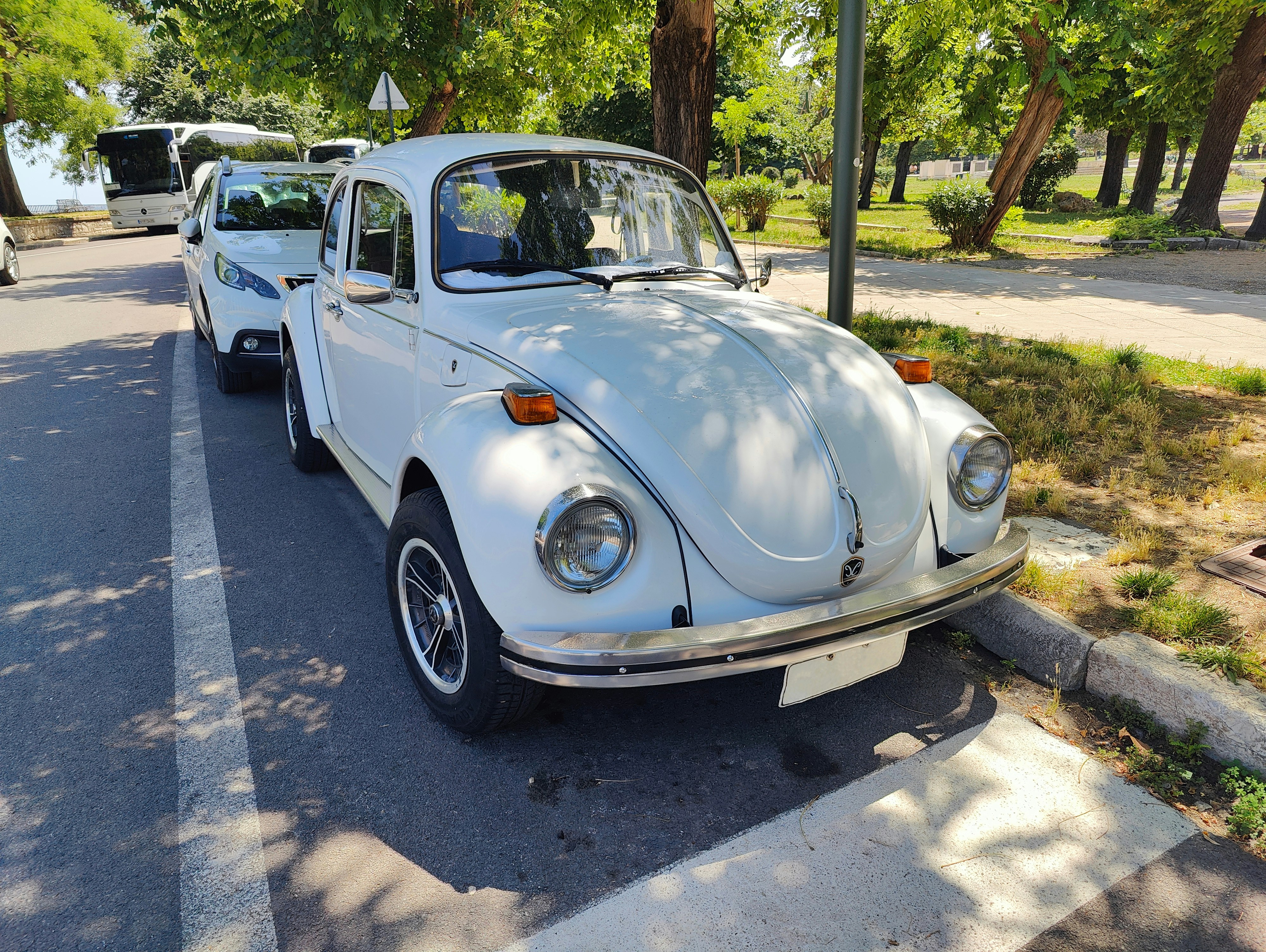 White VW Beetle in a Tree-Shaded Street