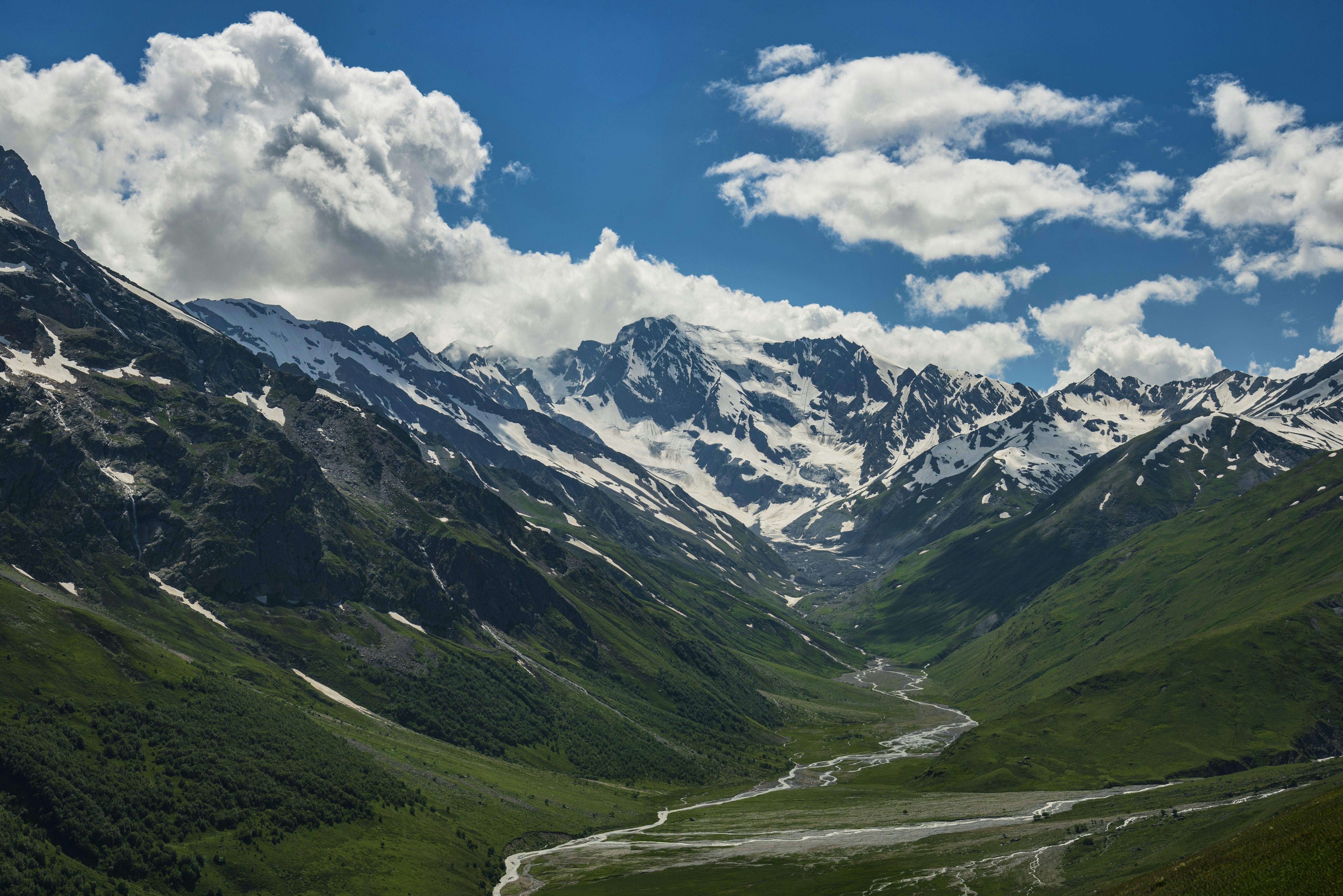 Valley Glacier Confluence: A Snow-Spun Rim Amid Green Valleys