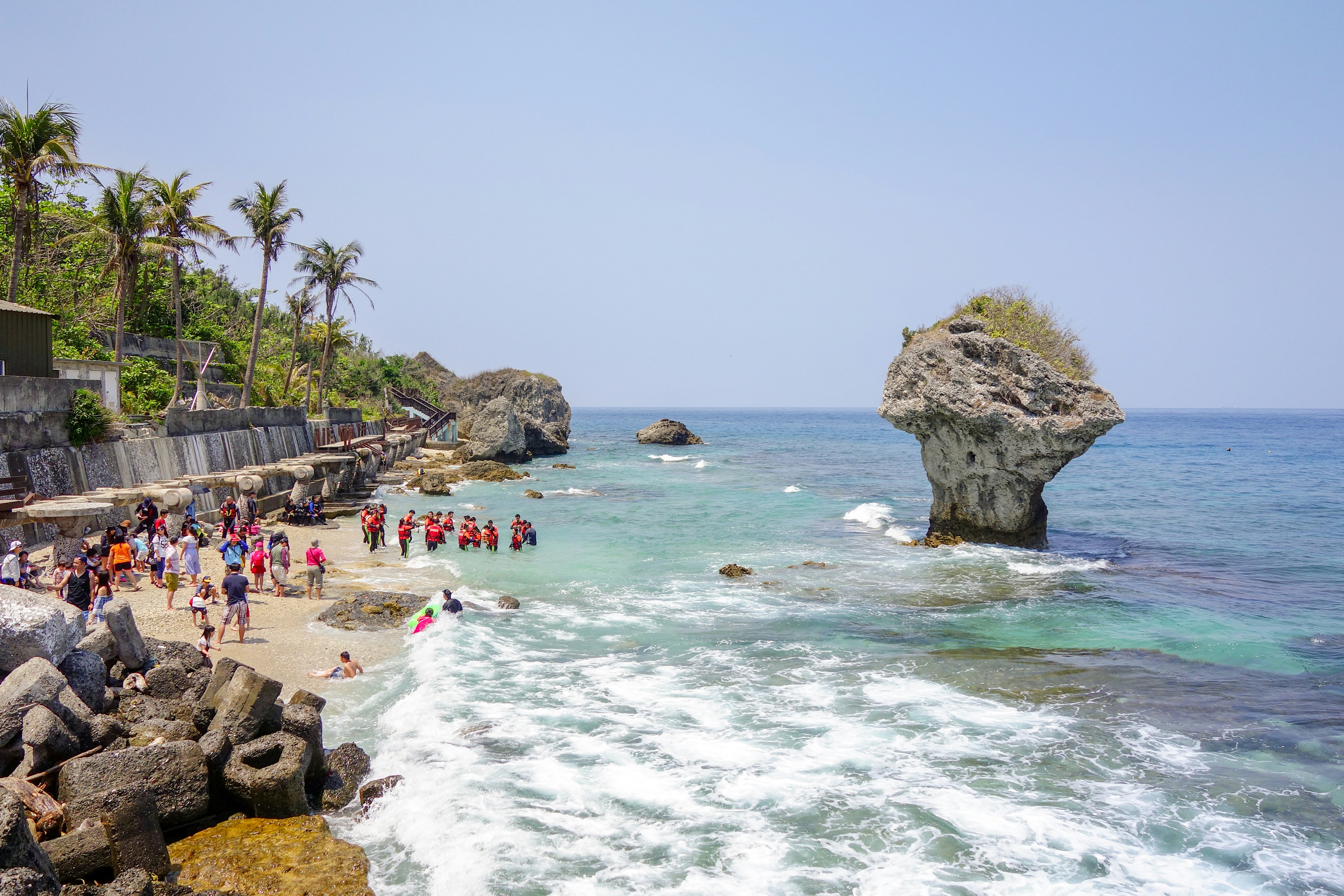 Crowded Seaside Walkway Framed by Palm Trees and a Lone Sea Rock