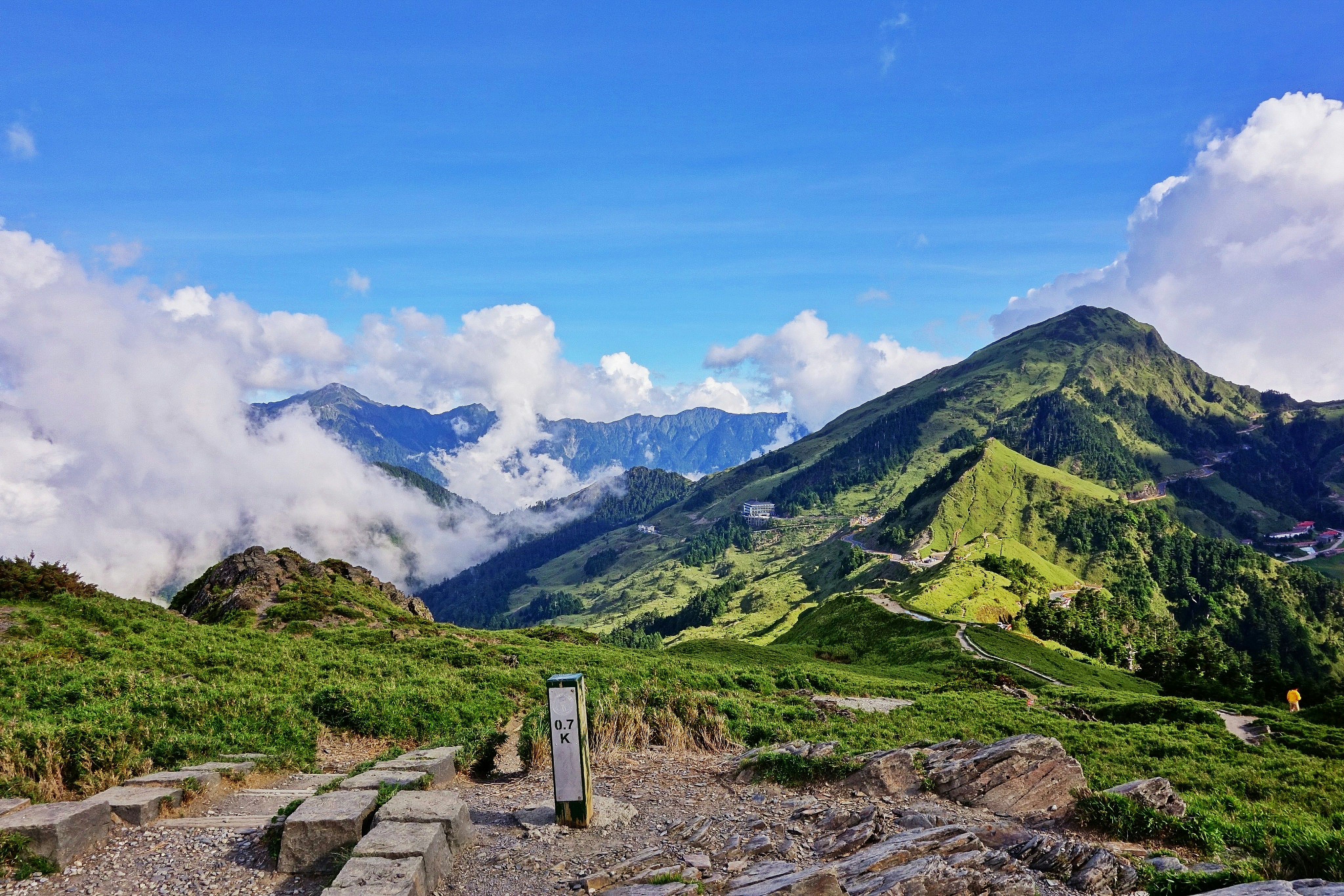 Trail to the Green Summit Under a Blue Sky