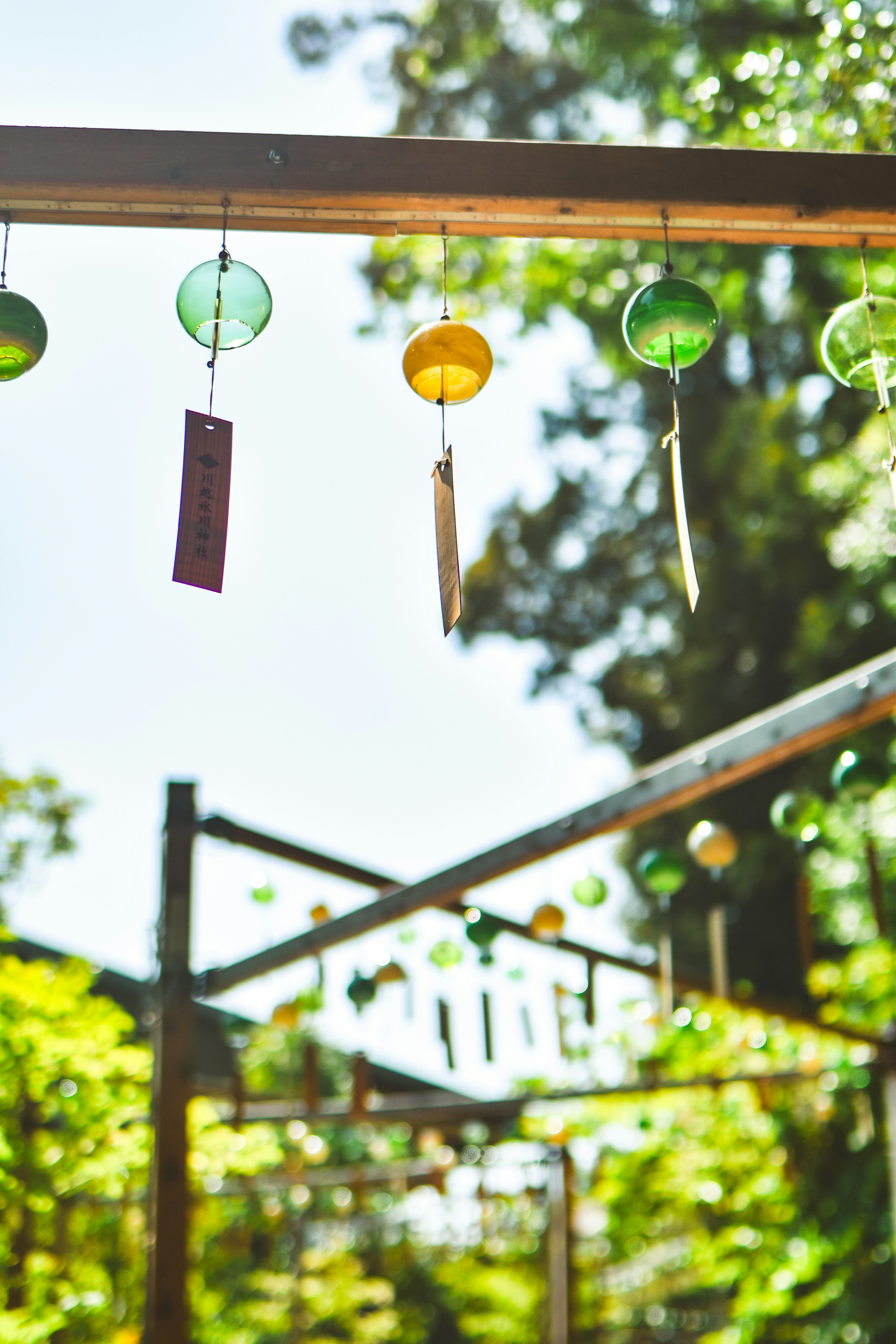 Kinetic Windchimes Under a Shaded Arbor
