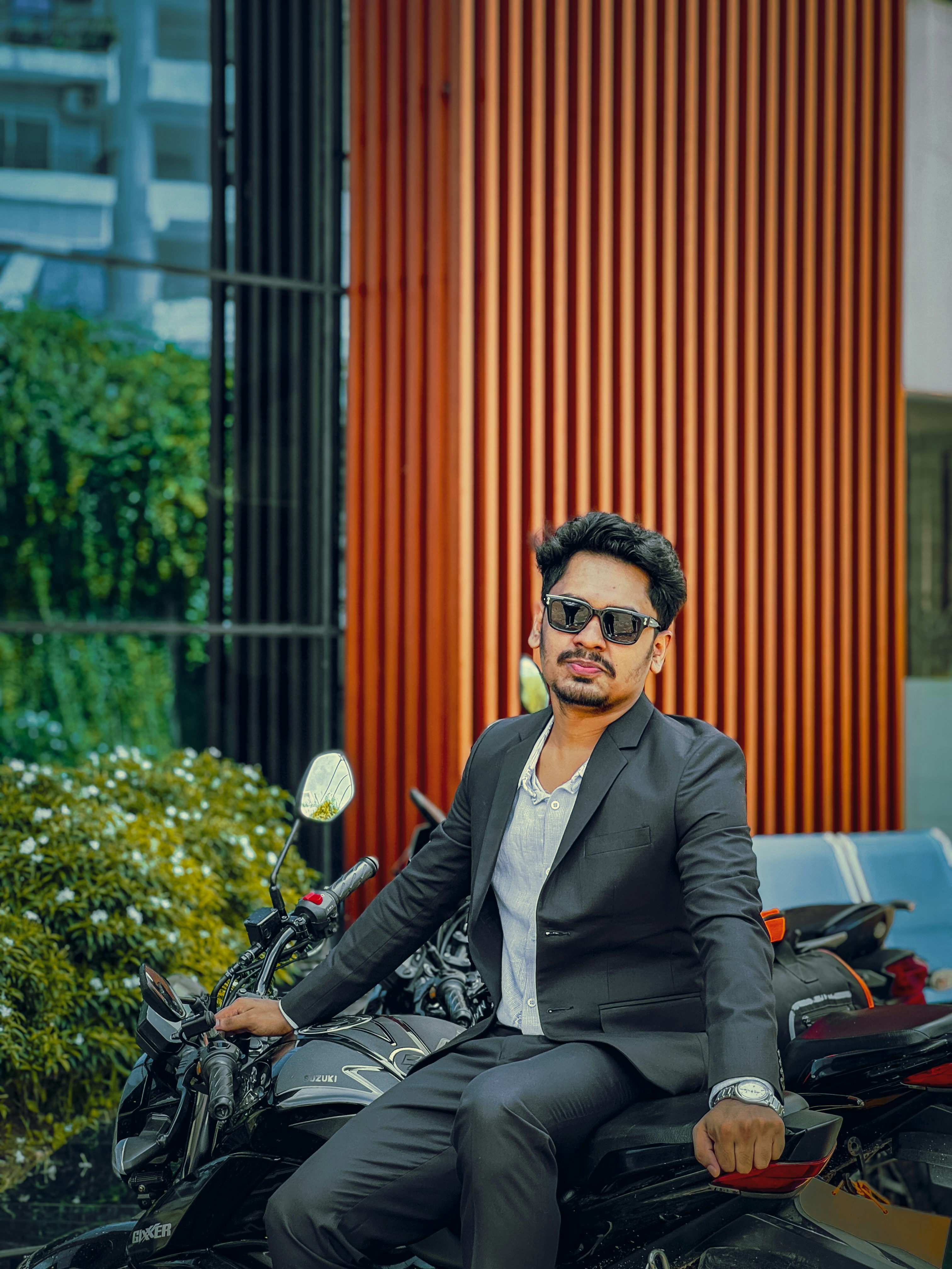 Motorcycle Pose in Front of Sunrise-wood Facade