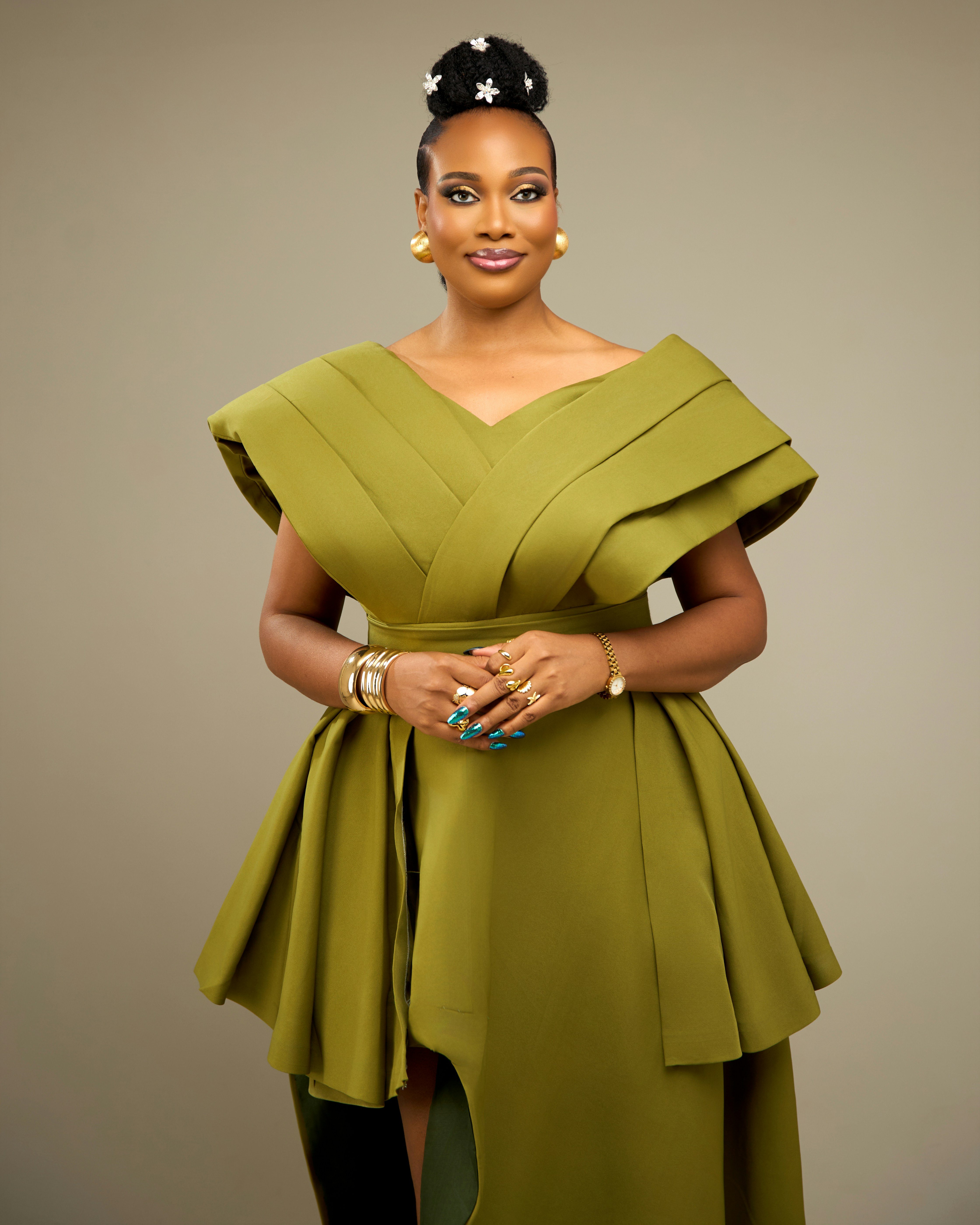 Emerald Draped Grace: Couture Portrait in Olive
