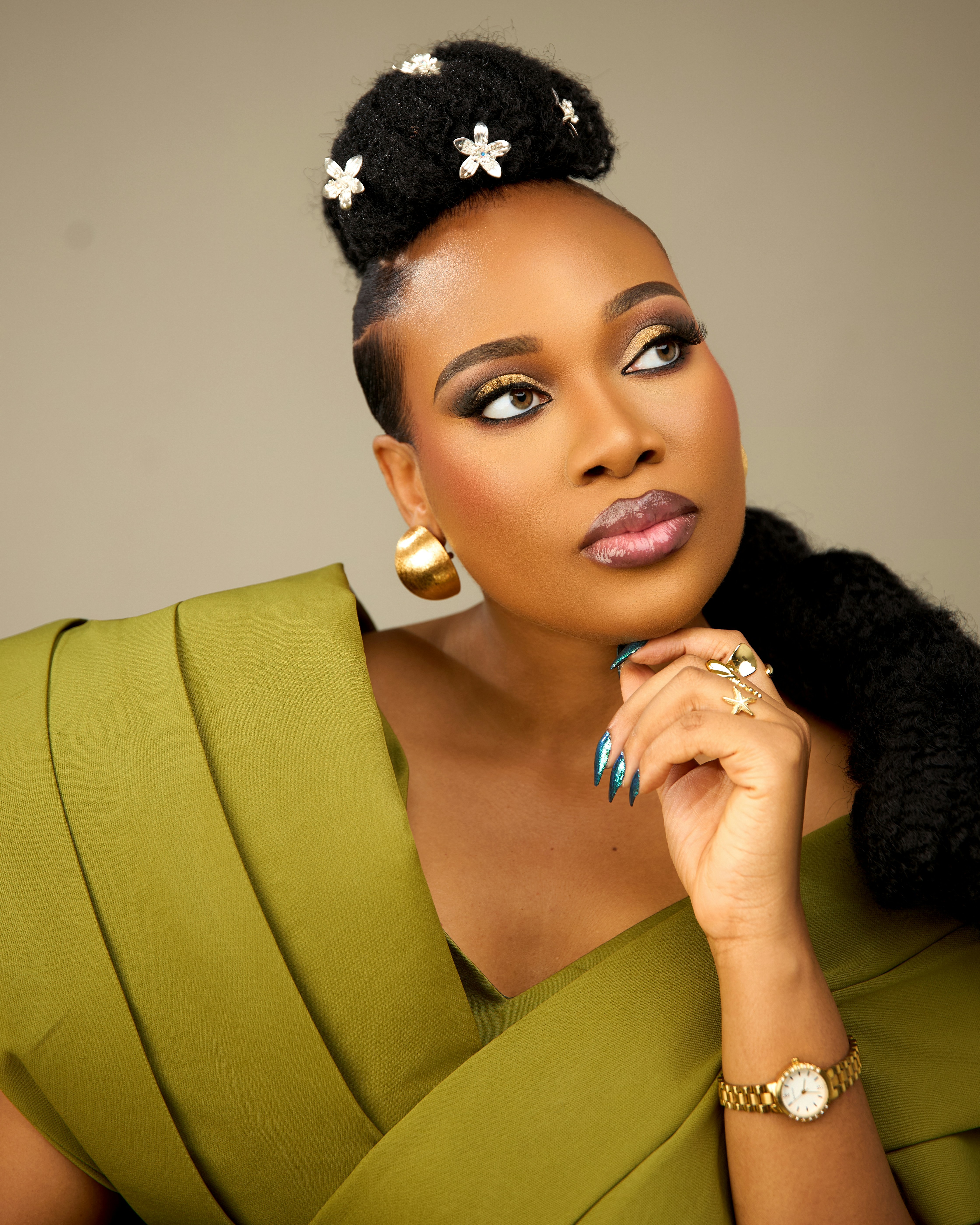Elegance in Olive: Portrait of Poise and Light