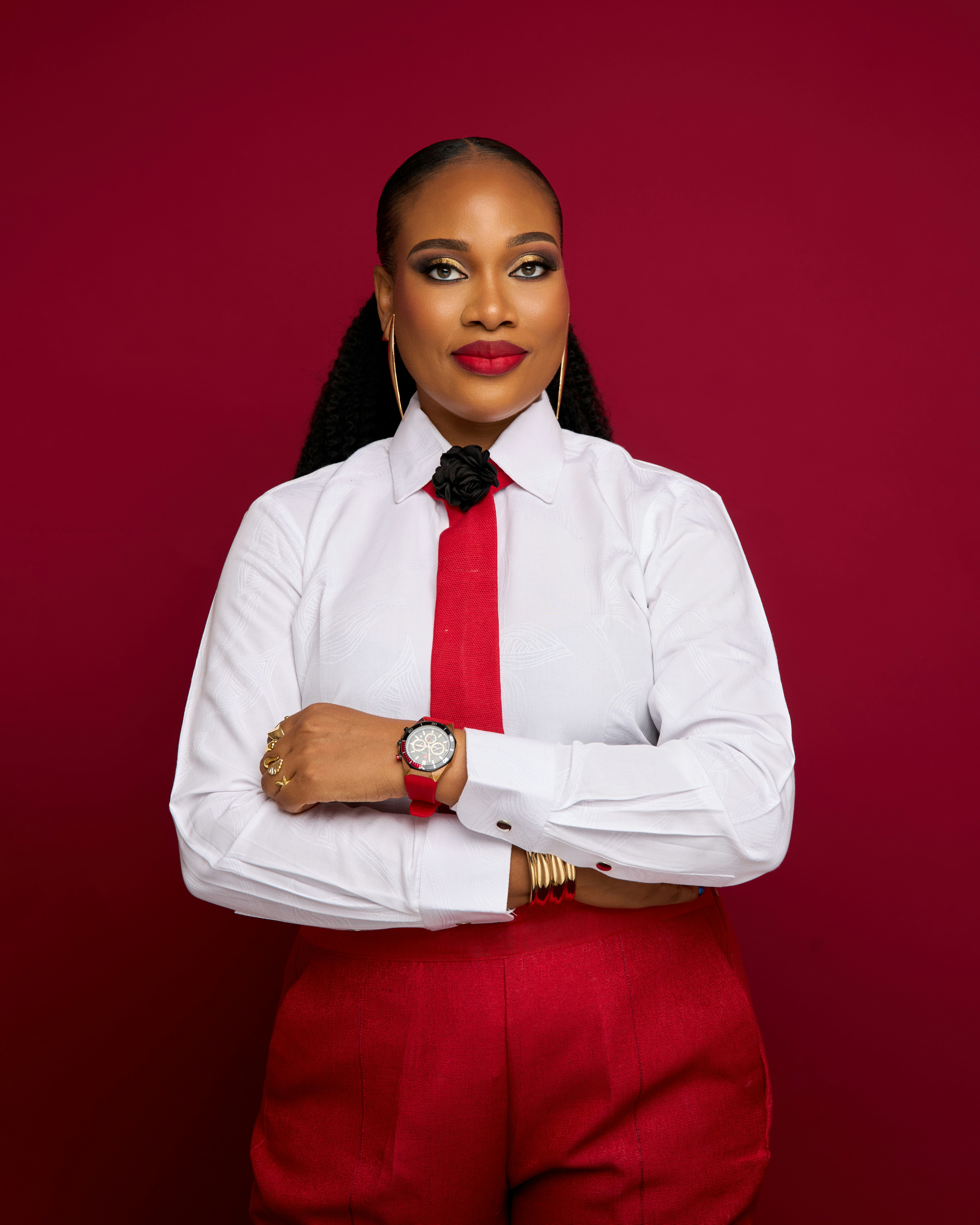 Red Velvet Authority: A poised portrait in a white shirt and red accents