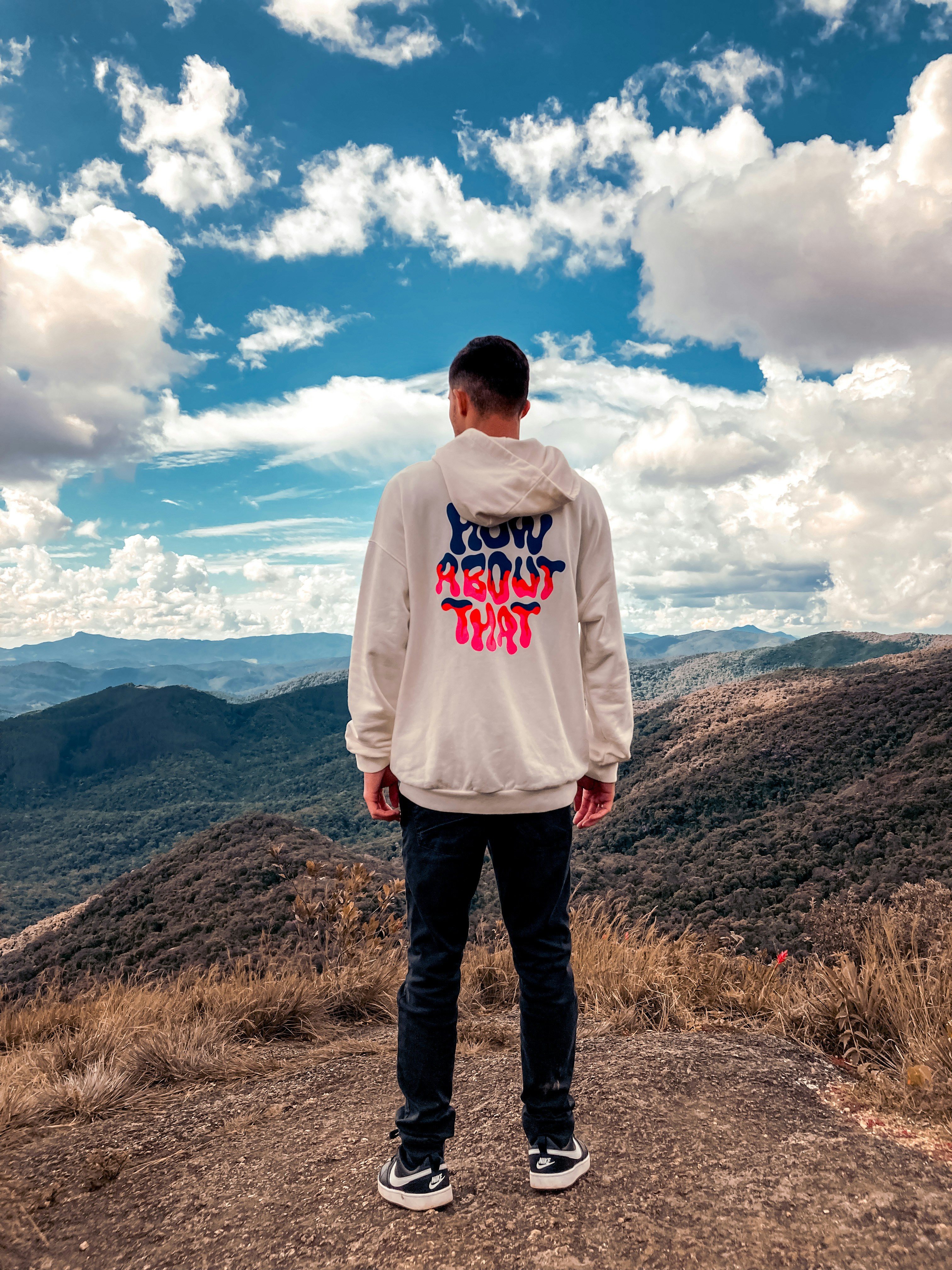 A person stands on a mountaintop with back to camera, hoodie visible against expansive blue sky and rolling hills; the scene emphasizes solitude and elevation in landscape photography. The hoodie features bold graphic text on the back.