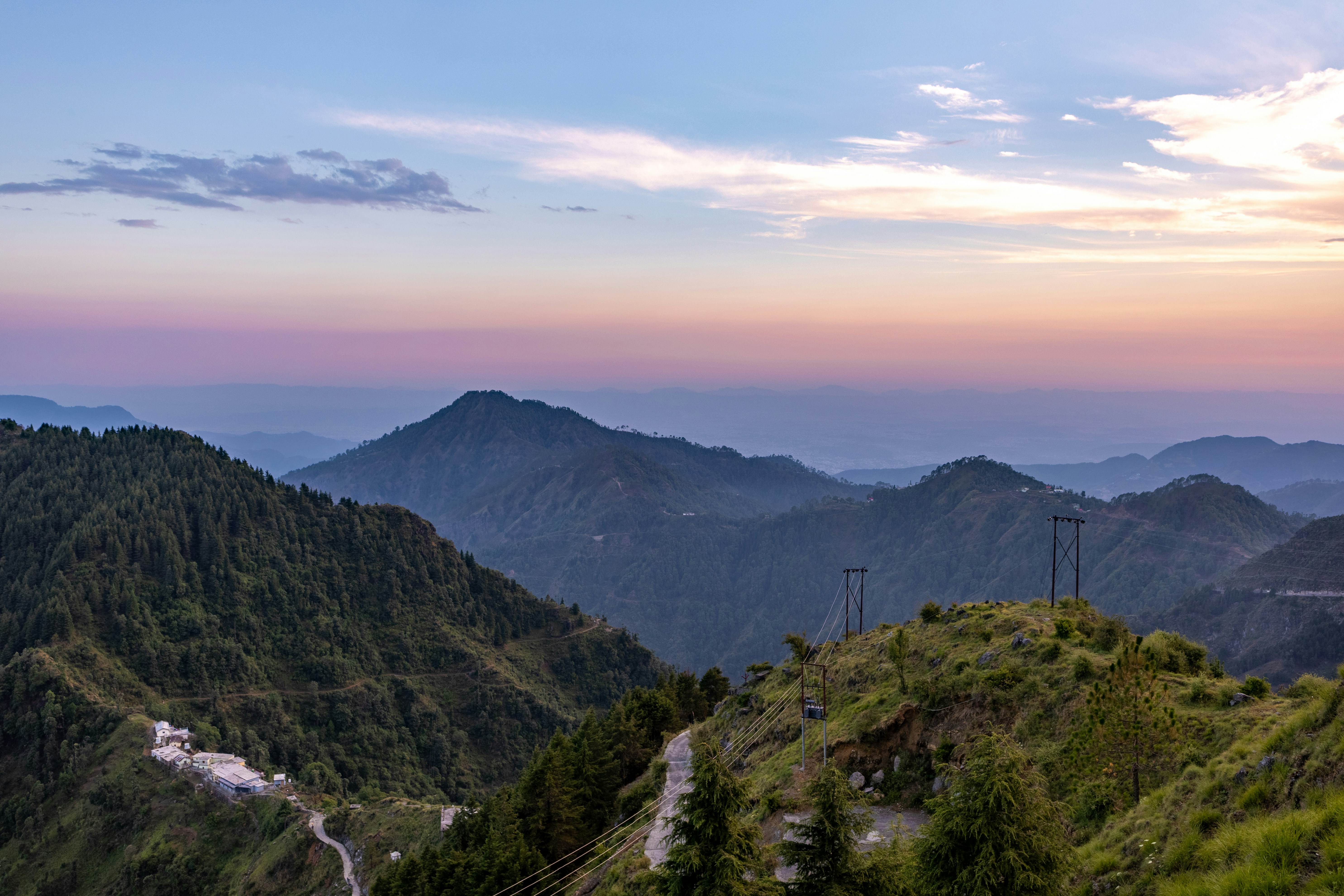 Sunset Ridge: Cable Car Tracks meander through misty Sierra