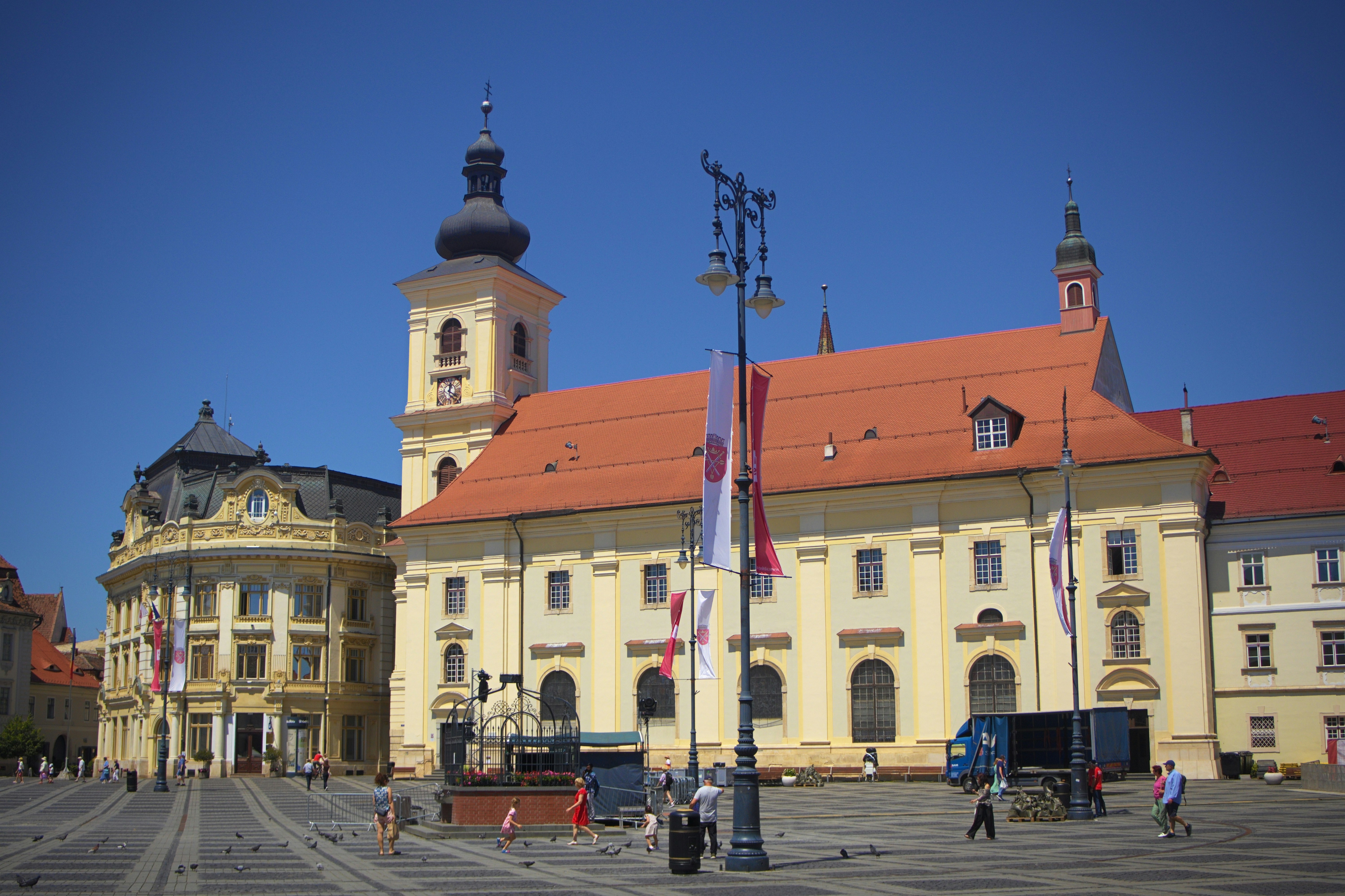 Facade of a sunlit European Town Hall