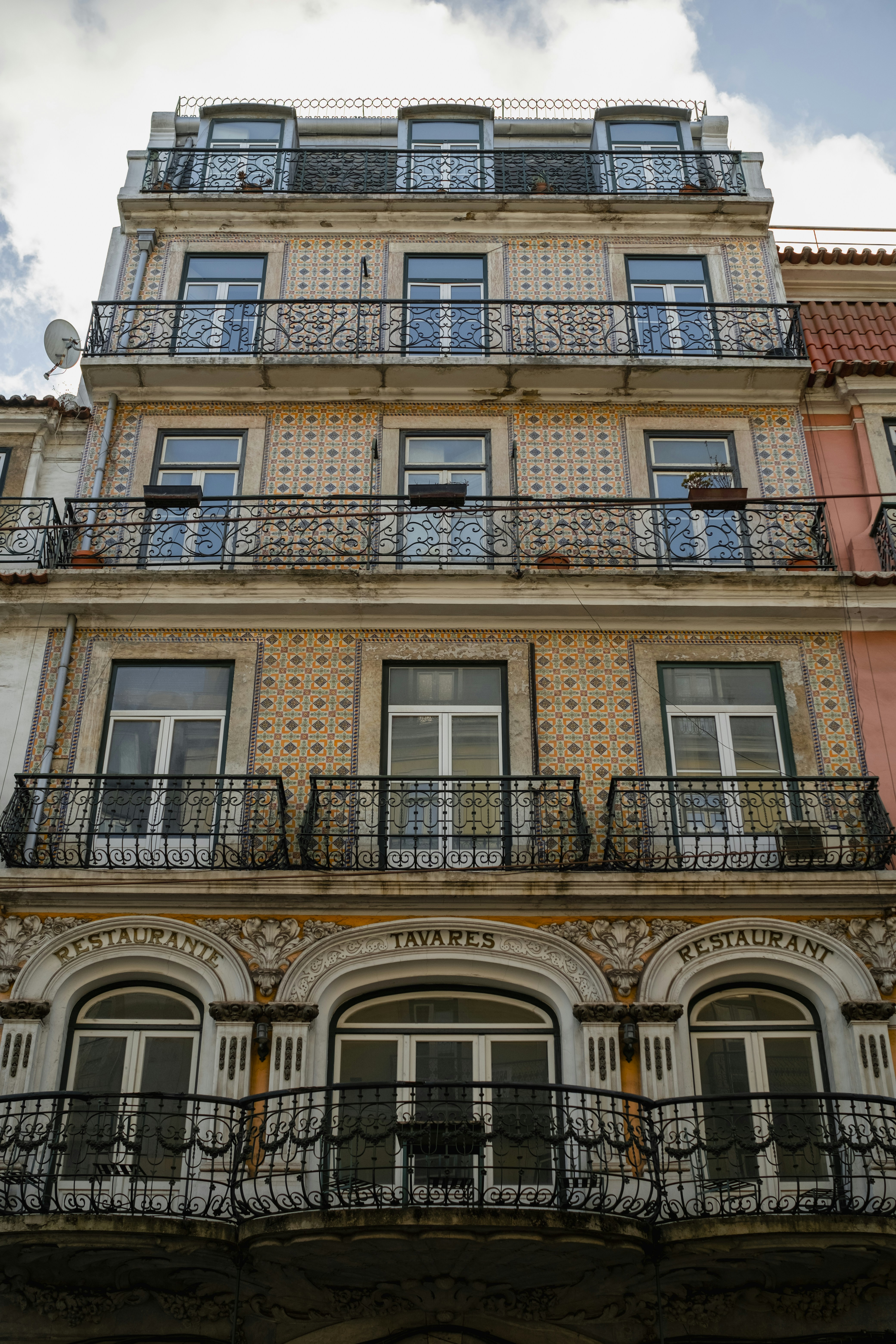 Tile‑Patterned Facade of a European Restaurant Building