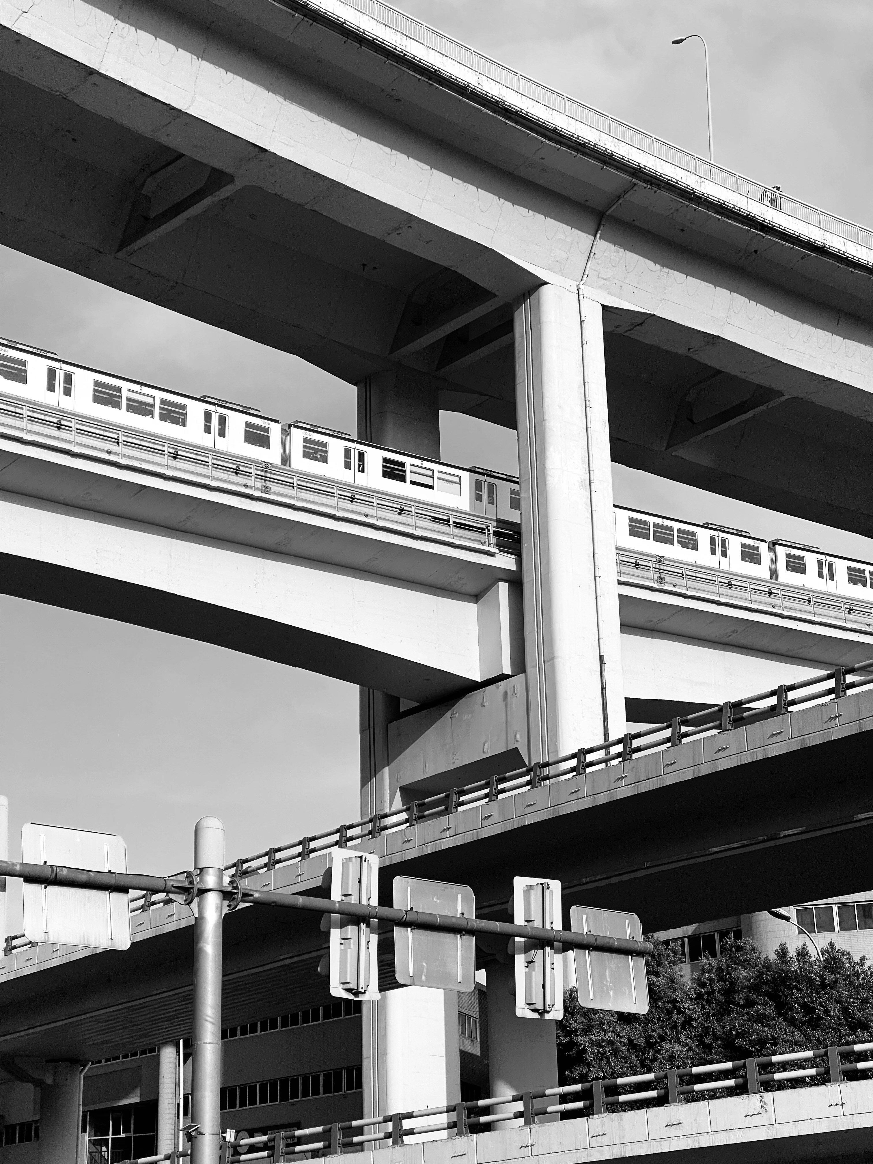 Architectural interplay of elevated concrete highways and trains in grayscale, emphasizing shadows and lines as a city silhouette. A structural composition with multiple levels and vehicles layered across the frame.