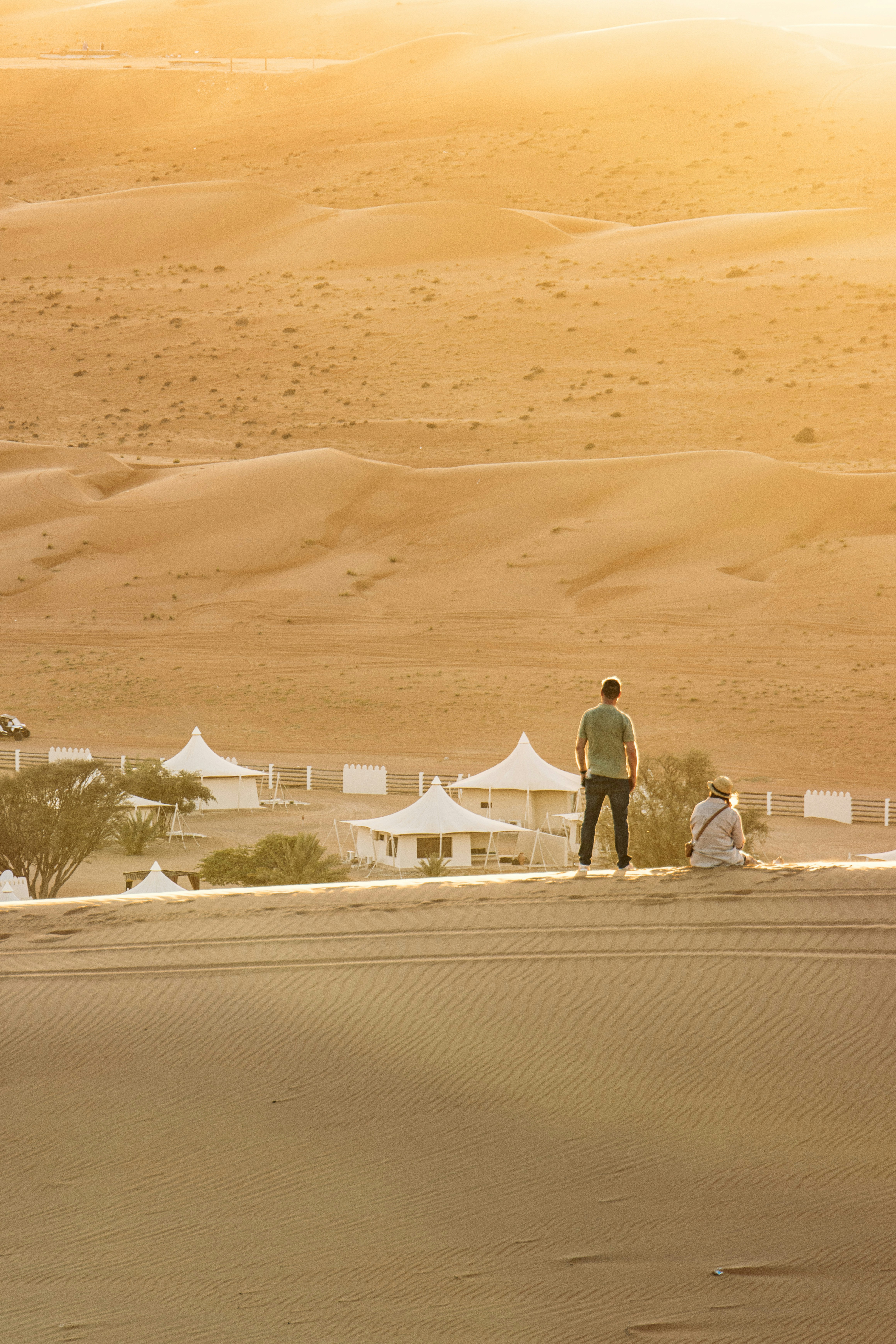 Desert Dunes at Dusk: A Quiet Moment by the Oasis Tents