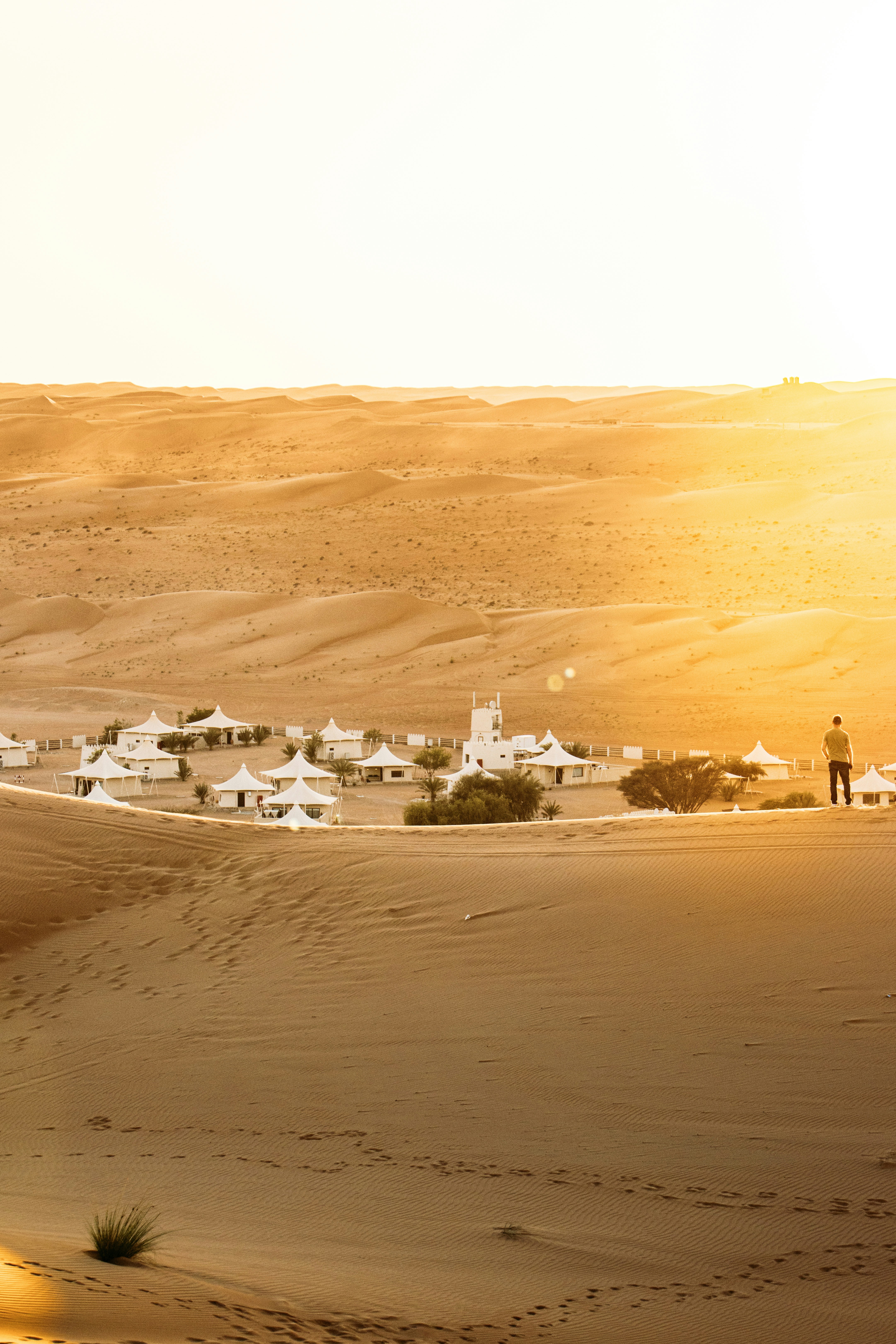 Desert Oasis at Dusk: Camps and Dunes under a Golden Hull