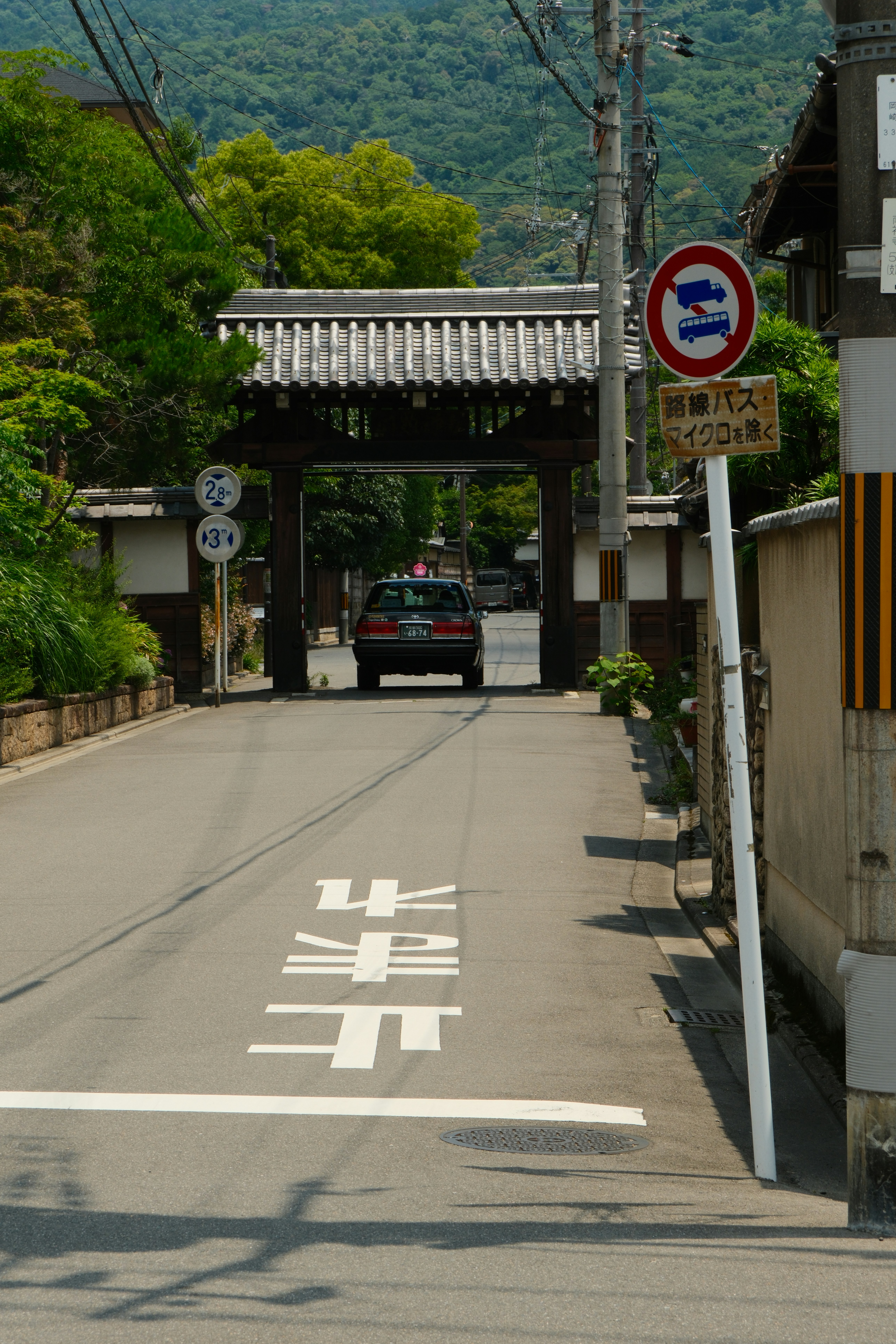Gate Into Tranquil Town: Car Under the Wooden Arch
