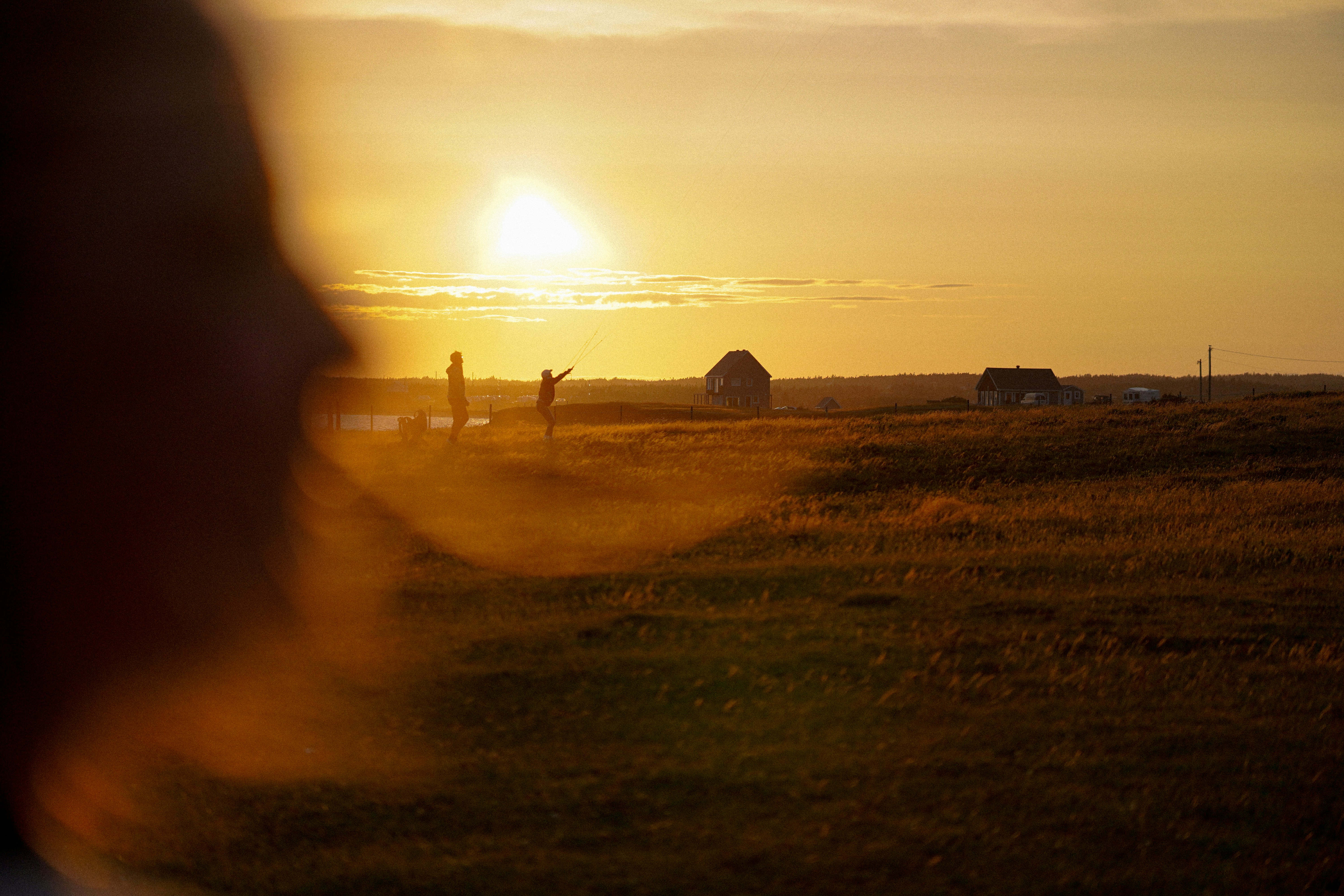 A sunlit coastal field with distant houses on the horizon, while a large blurred silhouette dominates the foreground, suggesting a person or object close to the lens. The scene conveys a warm, hazy sunset atmosphere.