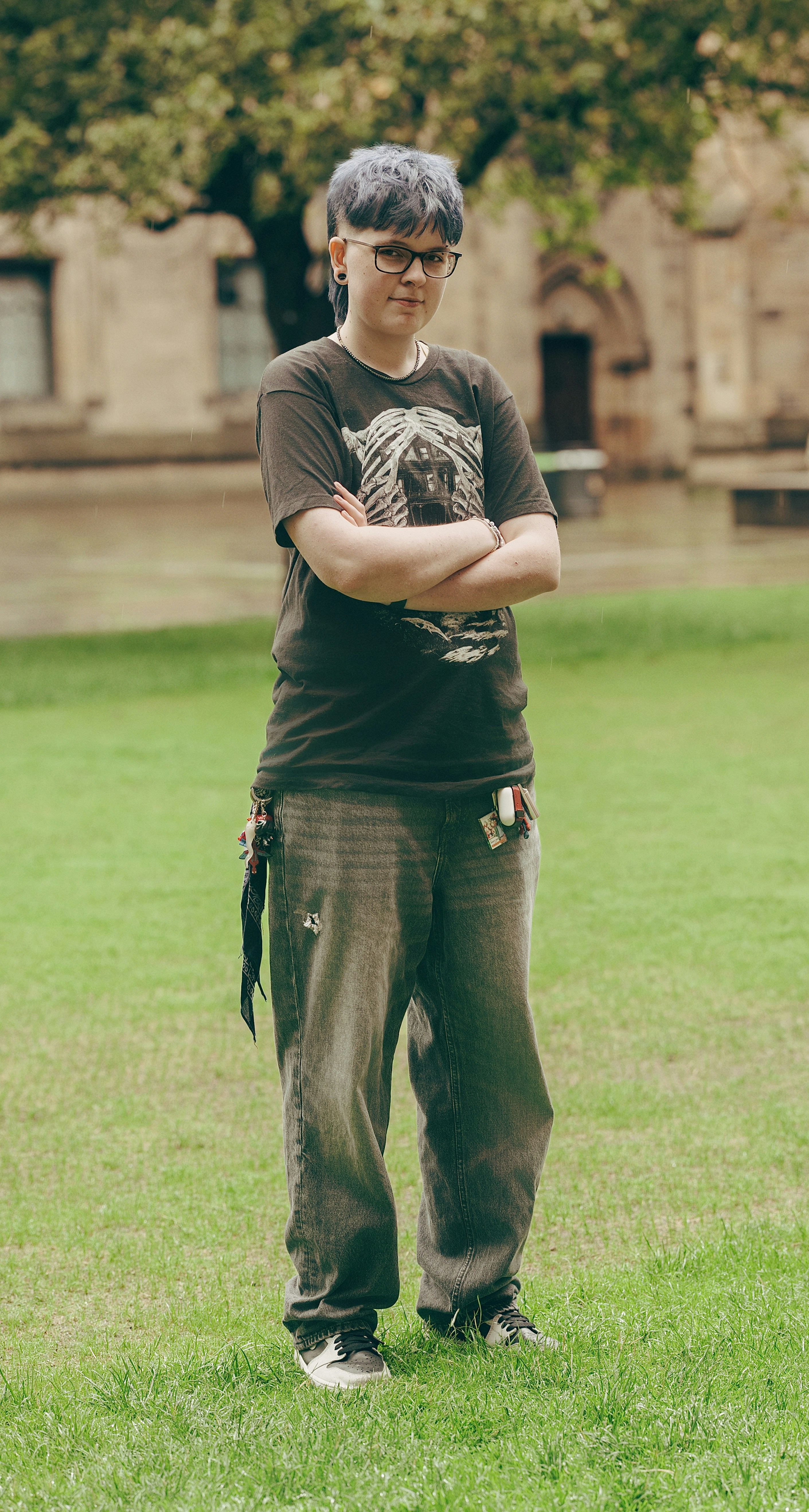 Self-possessed in the campus courtyard