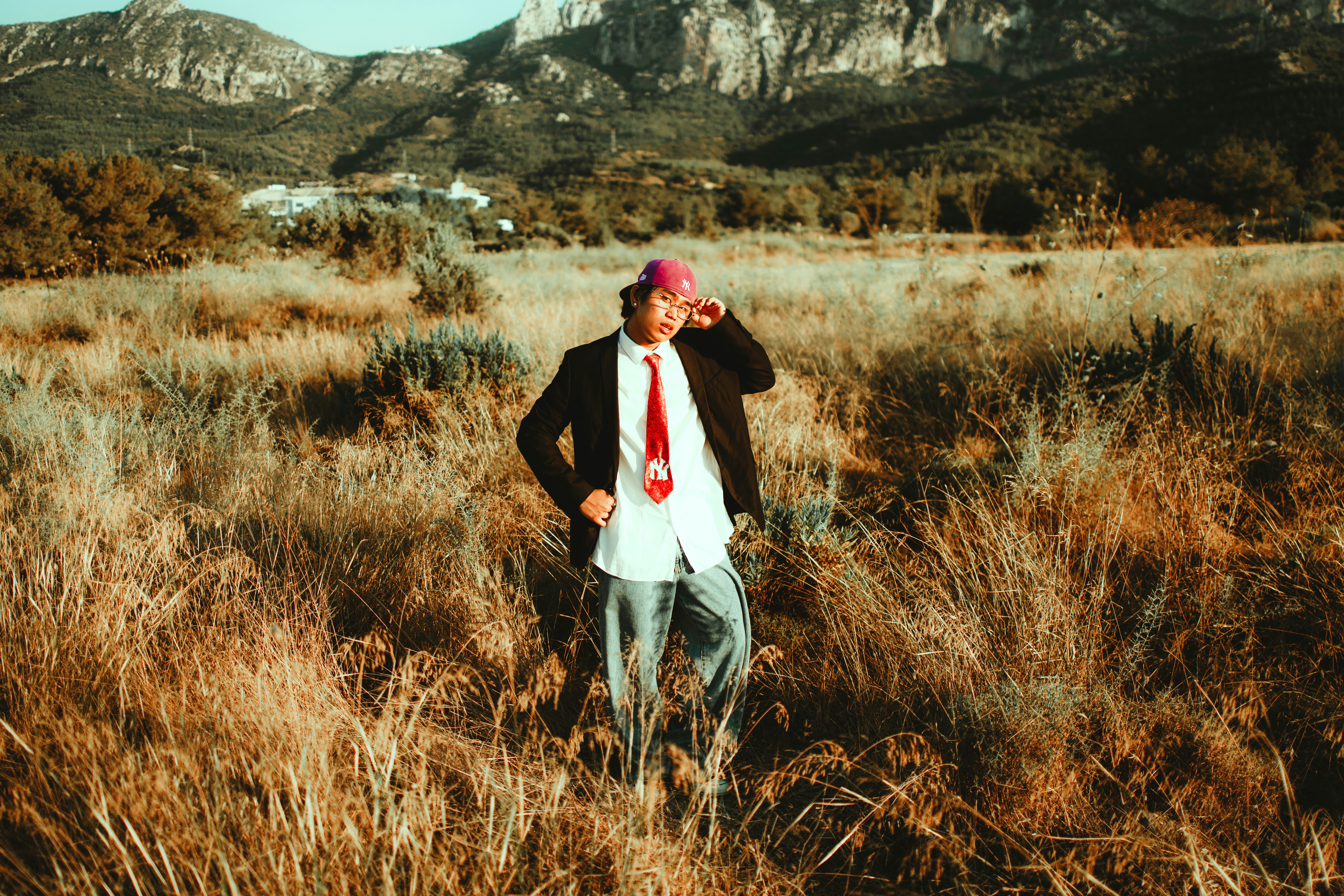 A Lone Surfer of Dusk: The Man in a Red Tie in Golden Grass