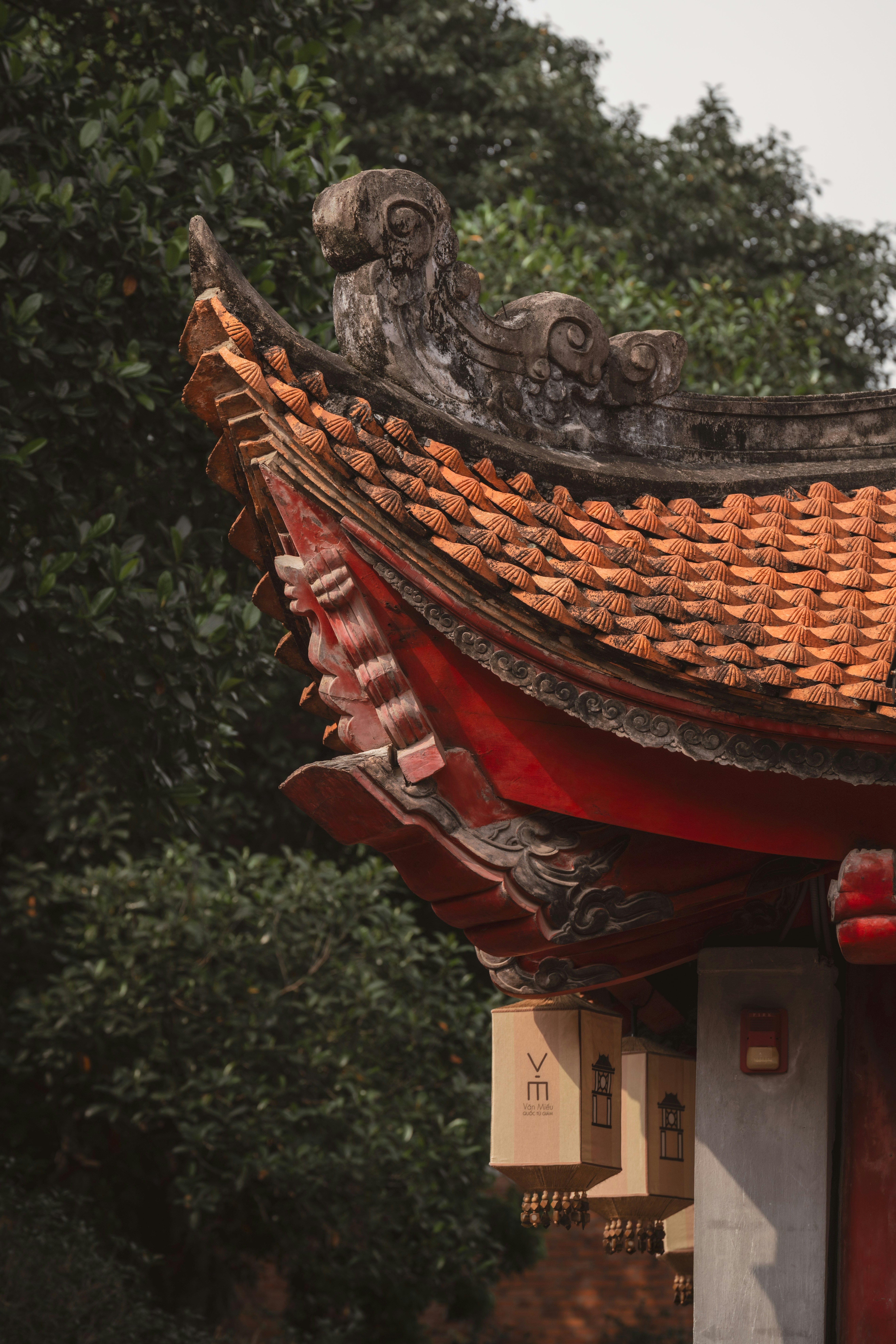 Curved Roof Echoes: A Weathered Tile and Lantern Moment