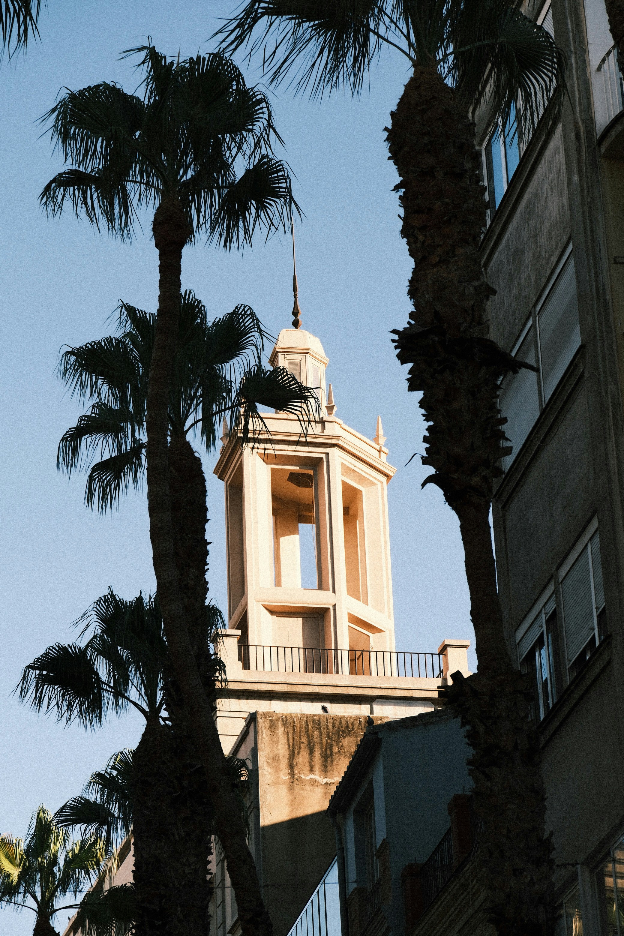 Towering Quiet: A Colonial Style Turret Framed by Palm Trees