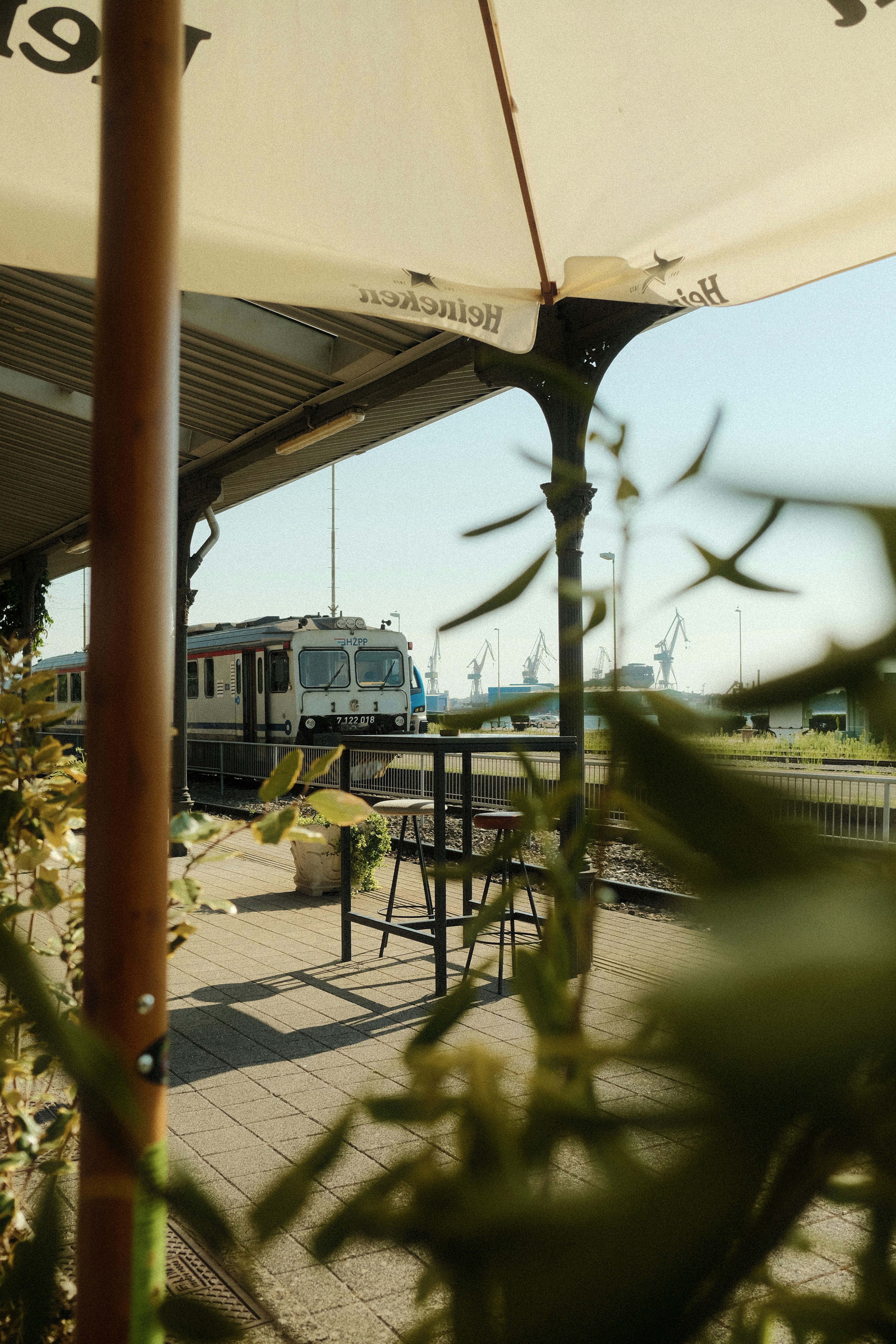 Railway Calm: A Train at the Platform Framed by Overhanging Shade