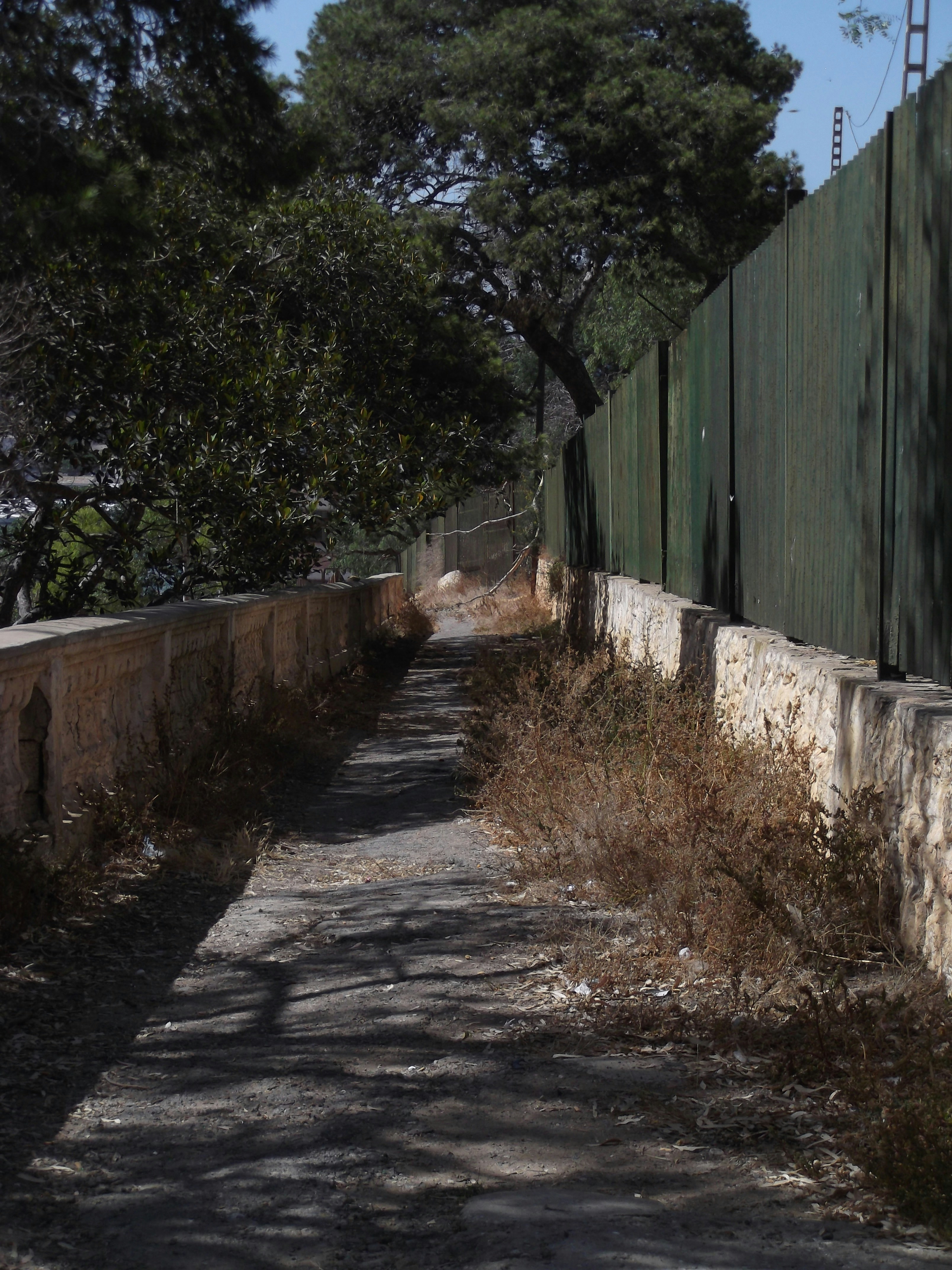 Deserted walkway: sunlit path between crumbling walls and a weathered fence