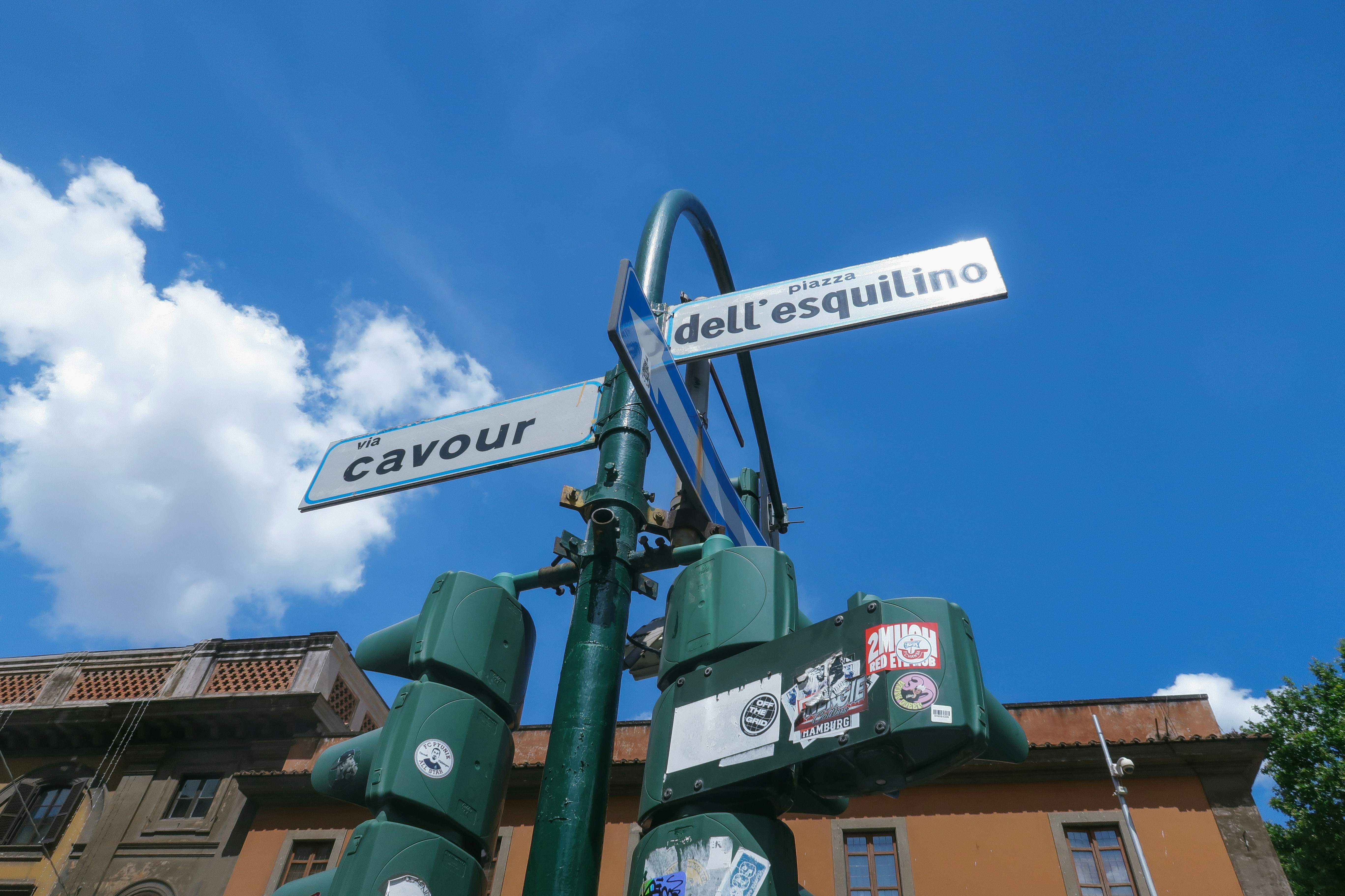 Crossroads Above the Blue: Signpost of Cavour and dell'Esquilino
