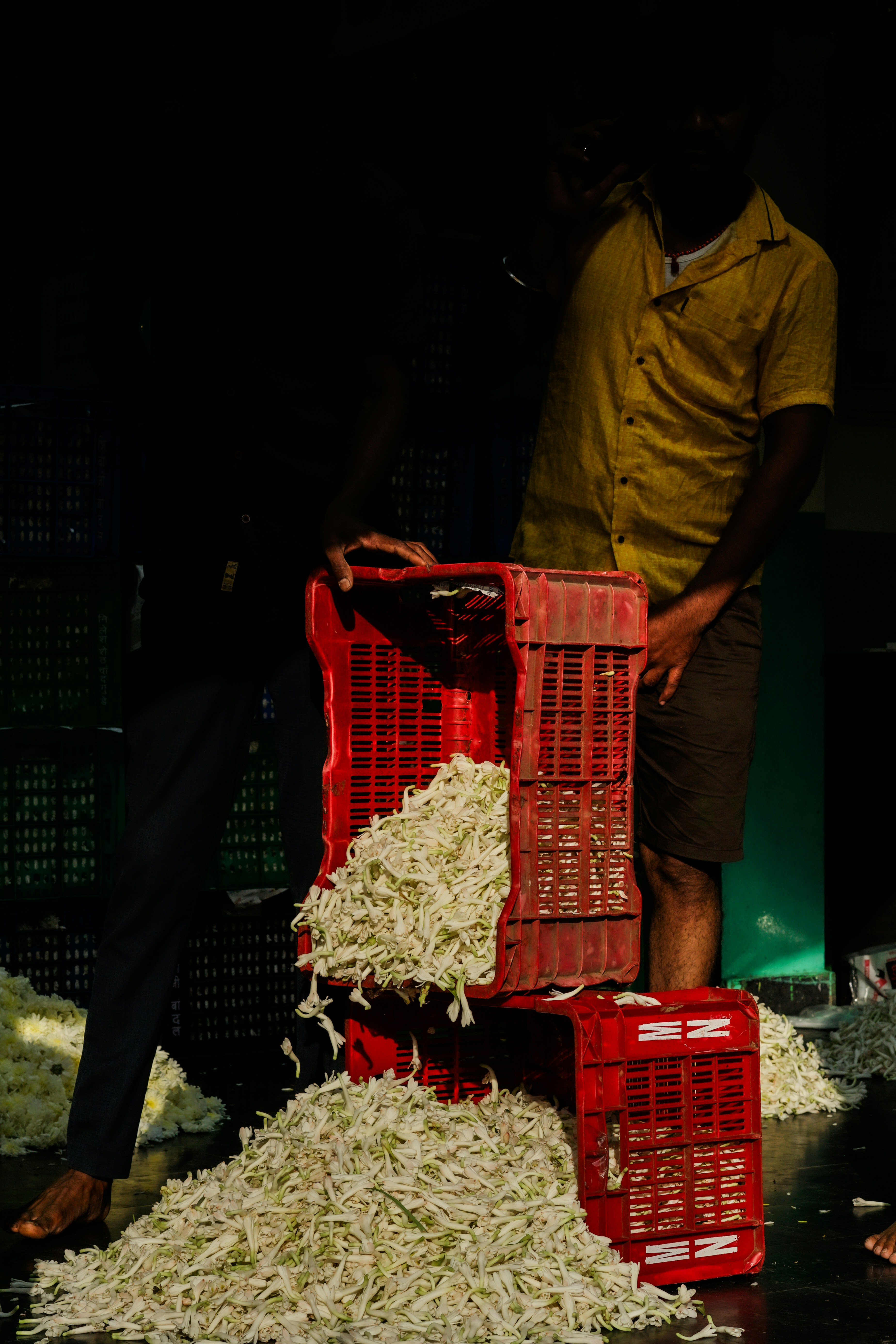Crate of Cauliflower Confetti on a Dim Market Floor