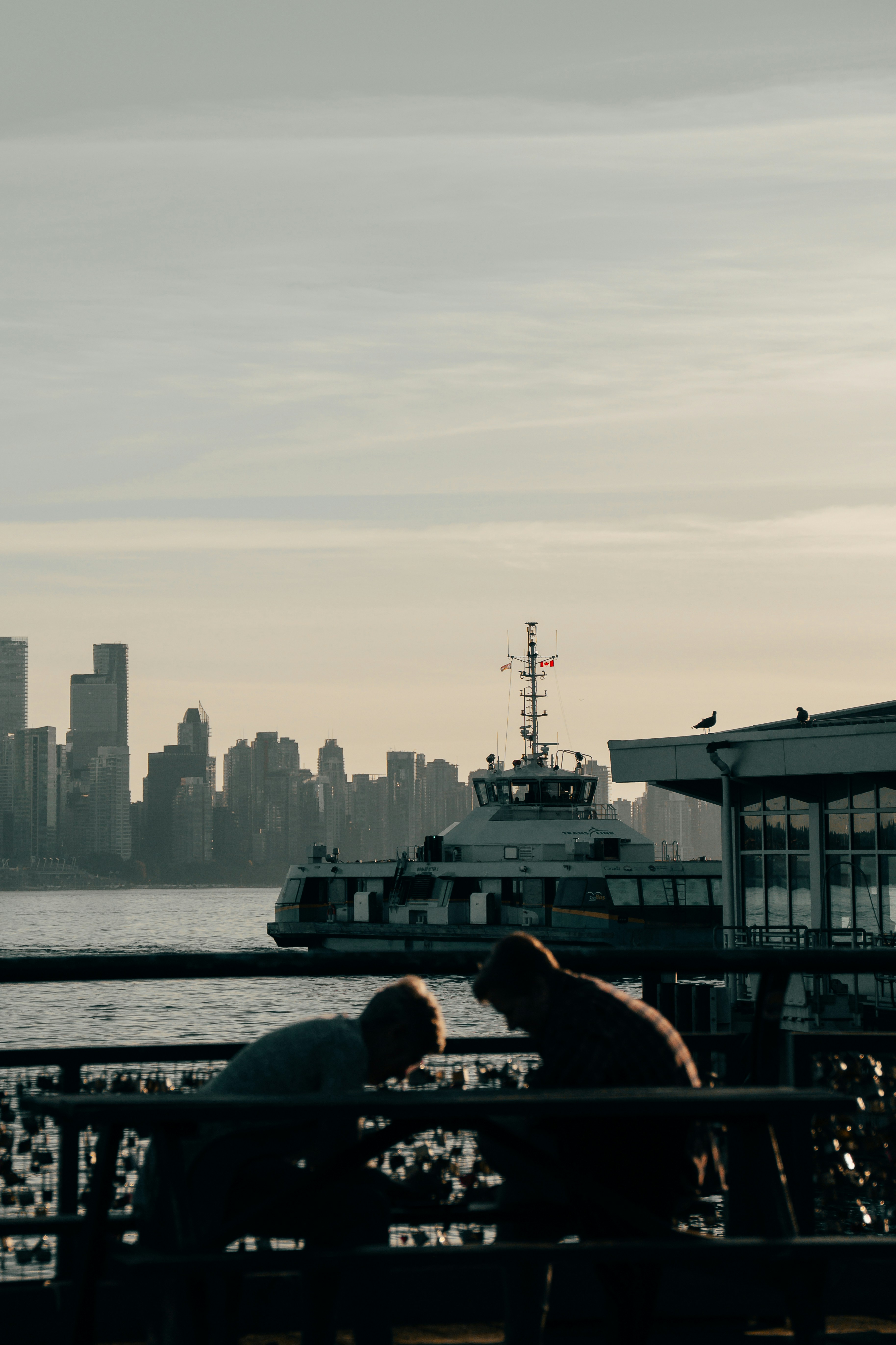 Sunlit Harbor: silhouettes at the railing with city skyline in the distance