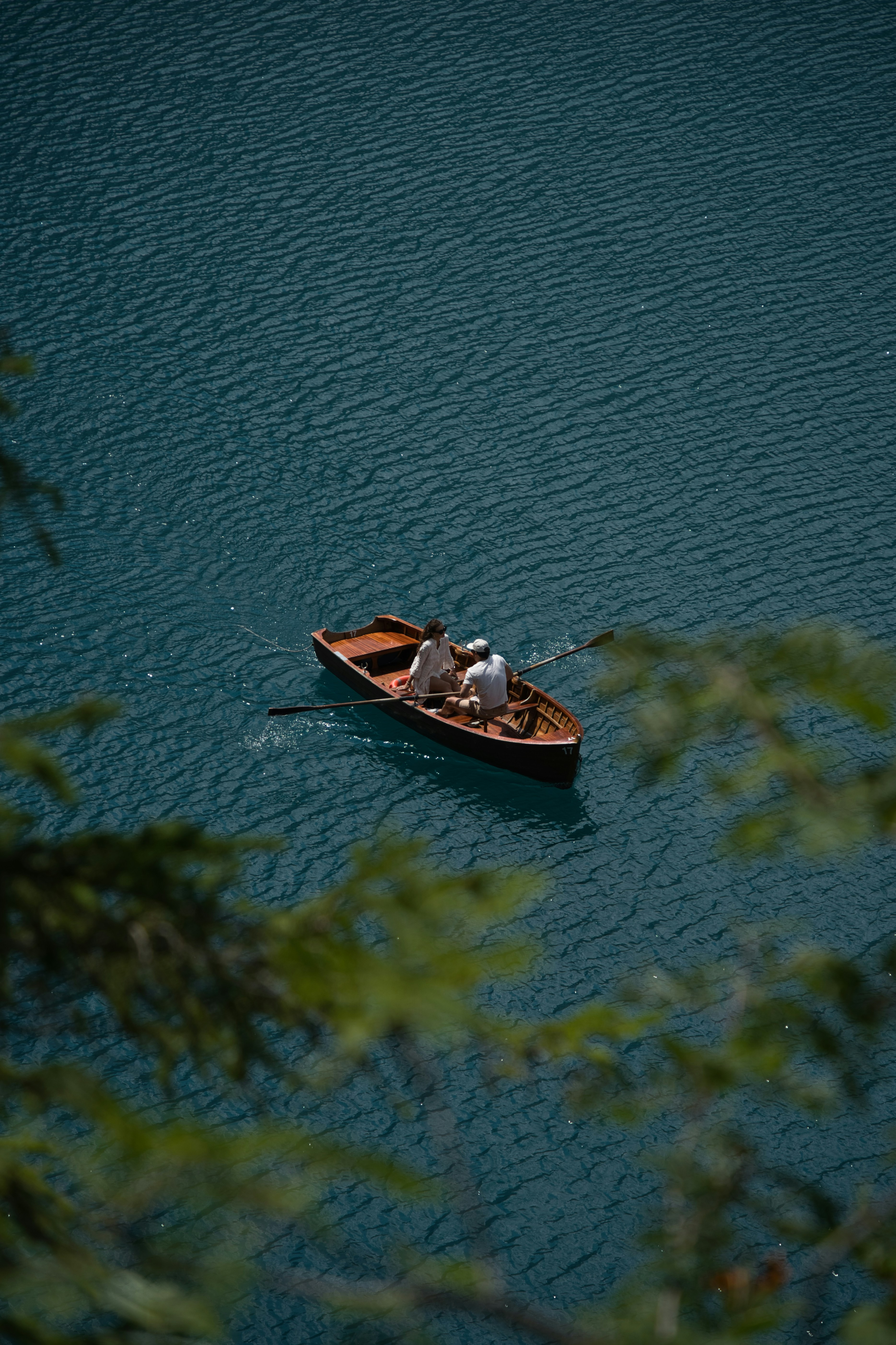 Rowboat on sapphire waters beneath overhanging greenery