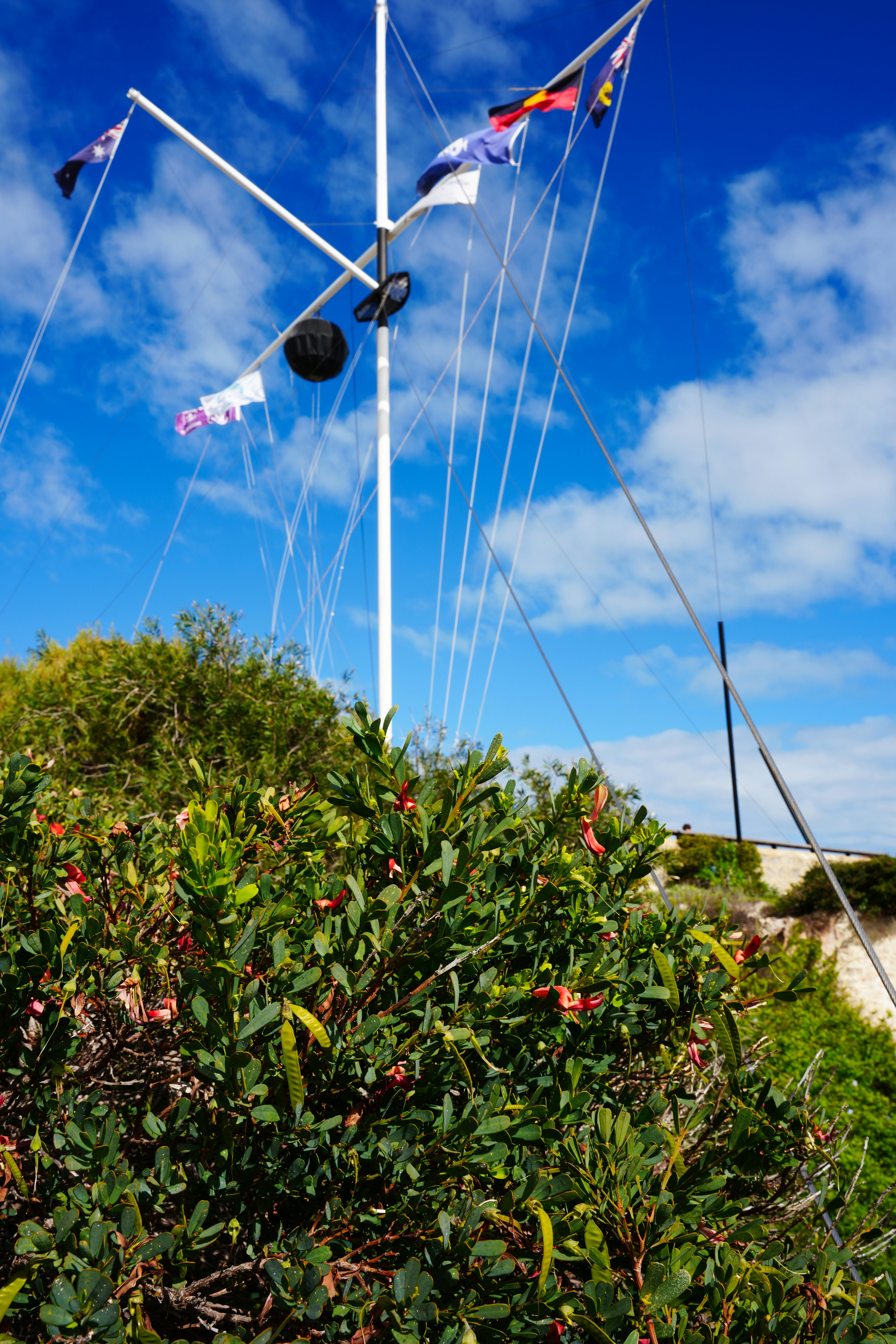 Flagpole Dreams: Sail Rigging Against a Bright Coastal Sky