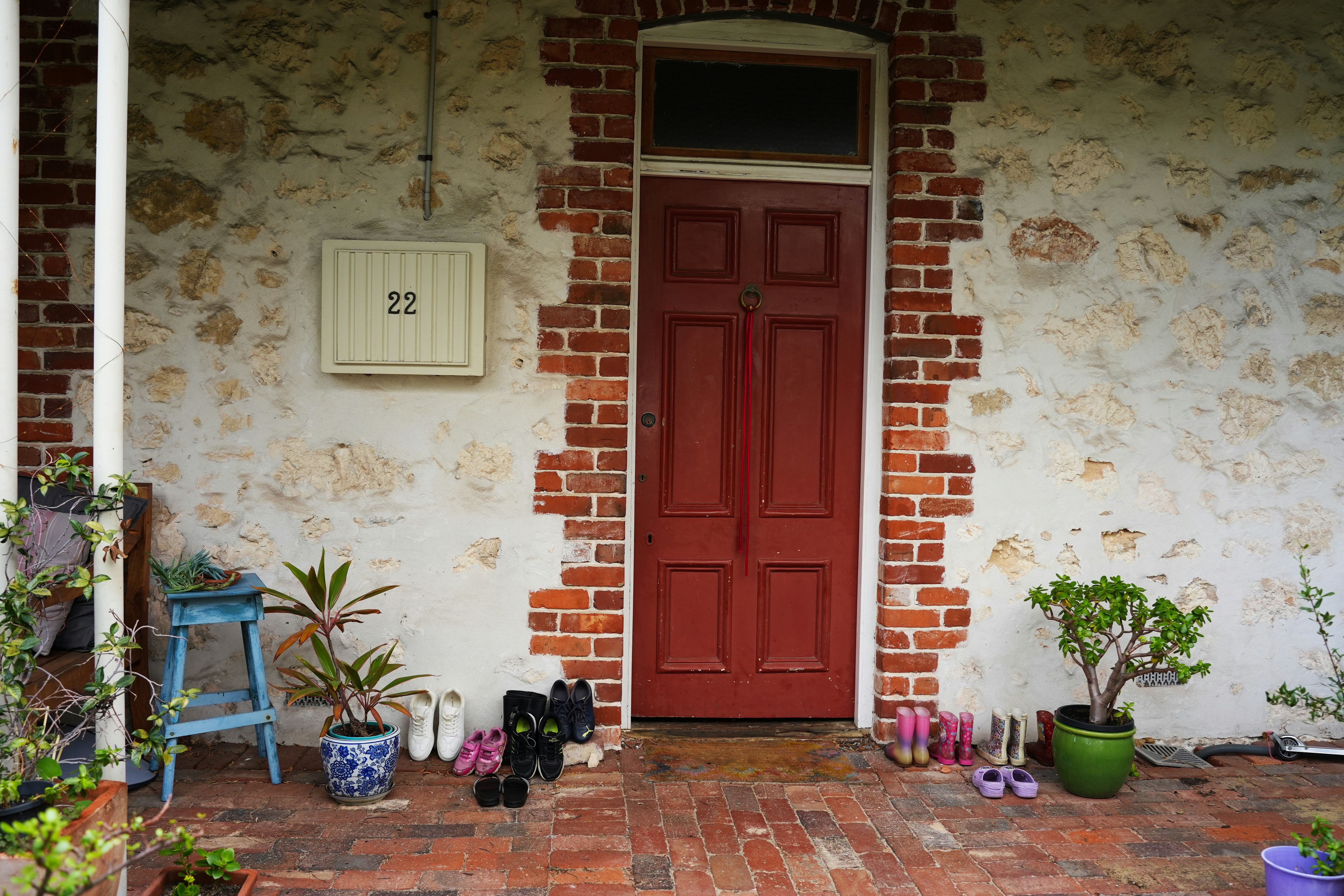 Scarlet Doorway, Weathered Brick and Plant Patches on a Porched Wall