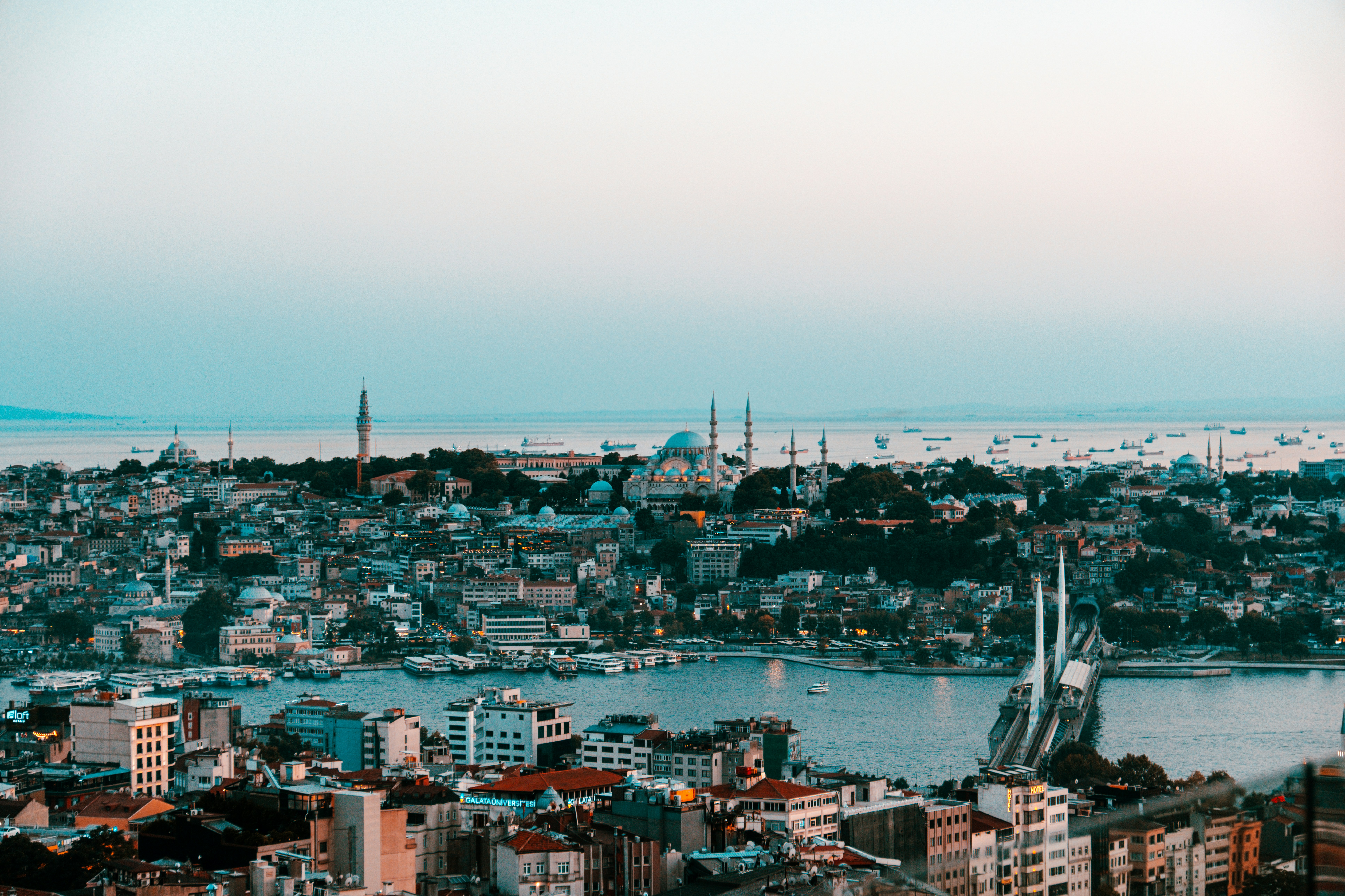 Harbor Skyline at Dusk: A Serene Crosshatch Over a Bustling Coastline