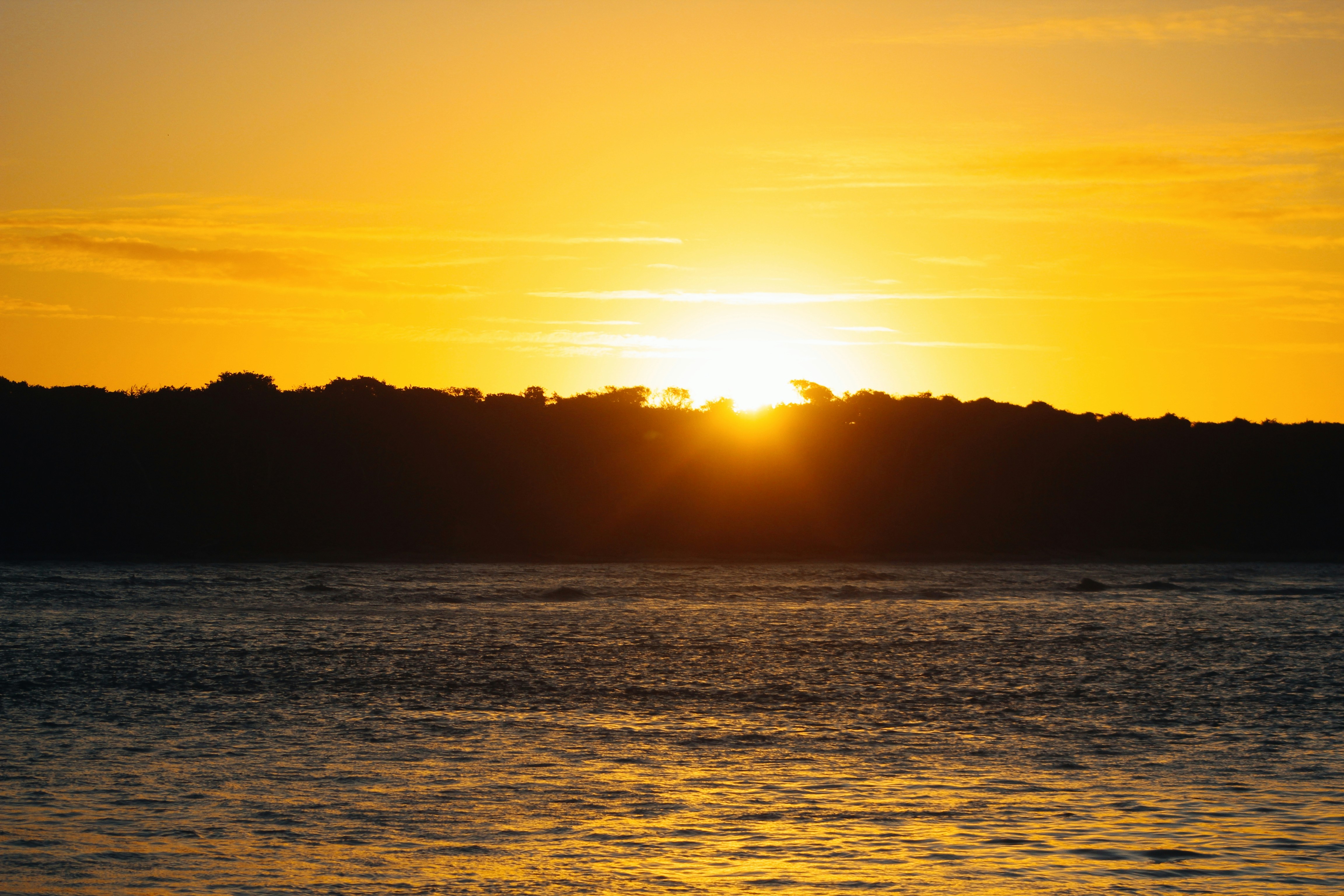 Sunlit Horizon: Quiet Golden Crest Over Glassy Waters