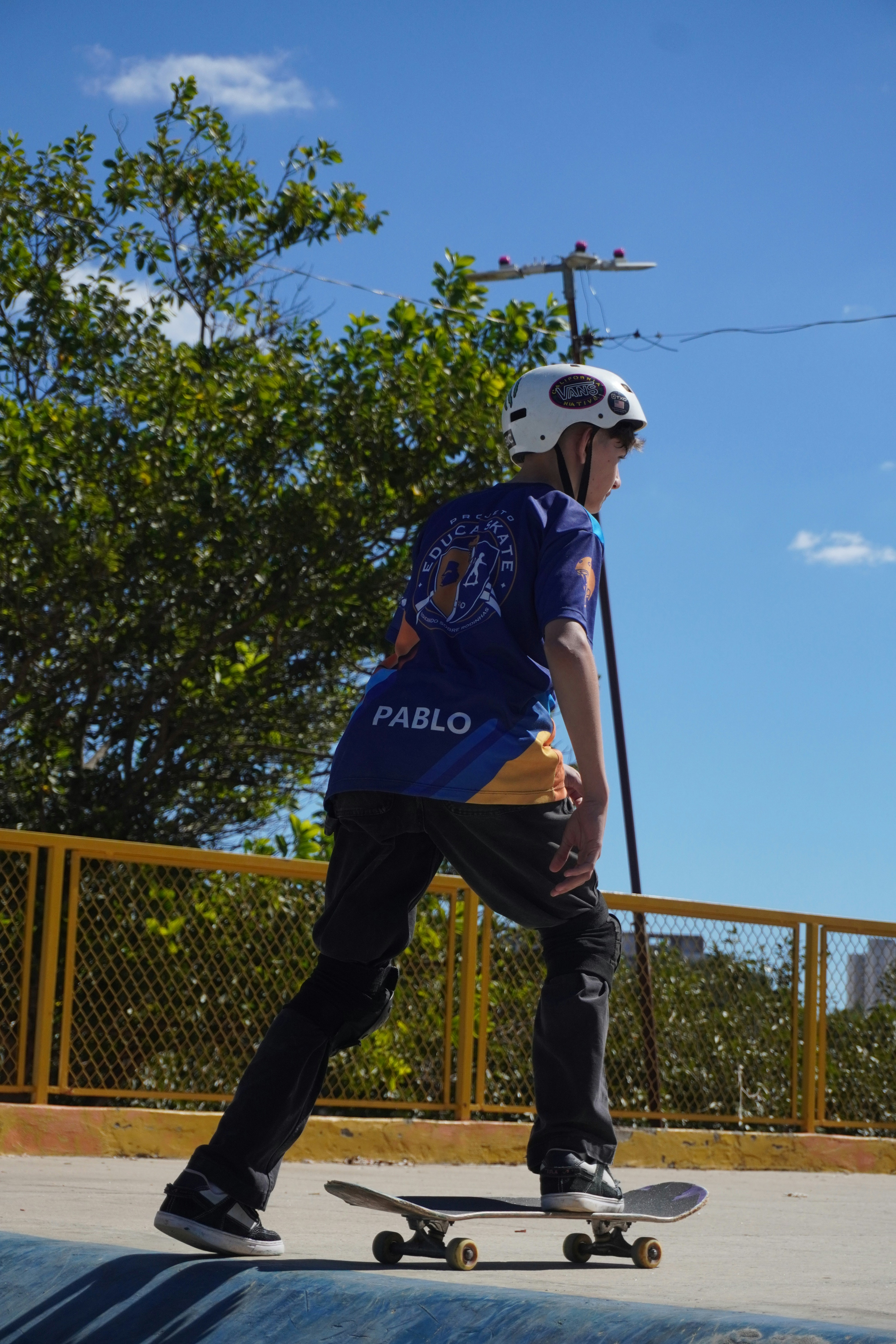 Skateboarder in blue jersey powers through a sunlit park rail
