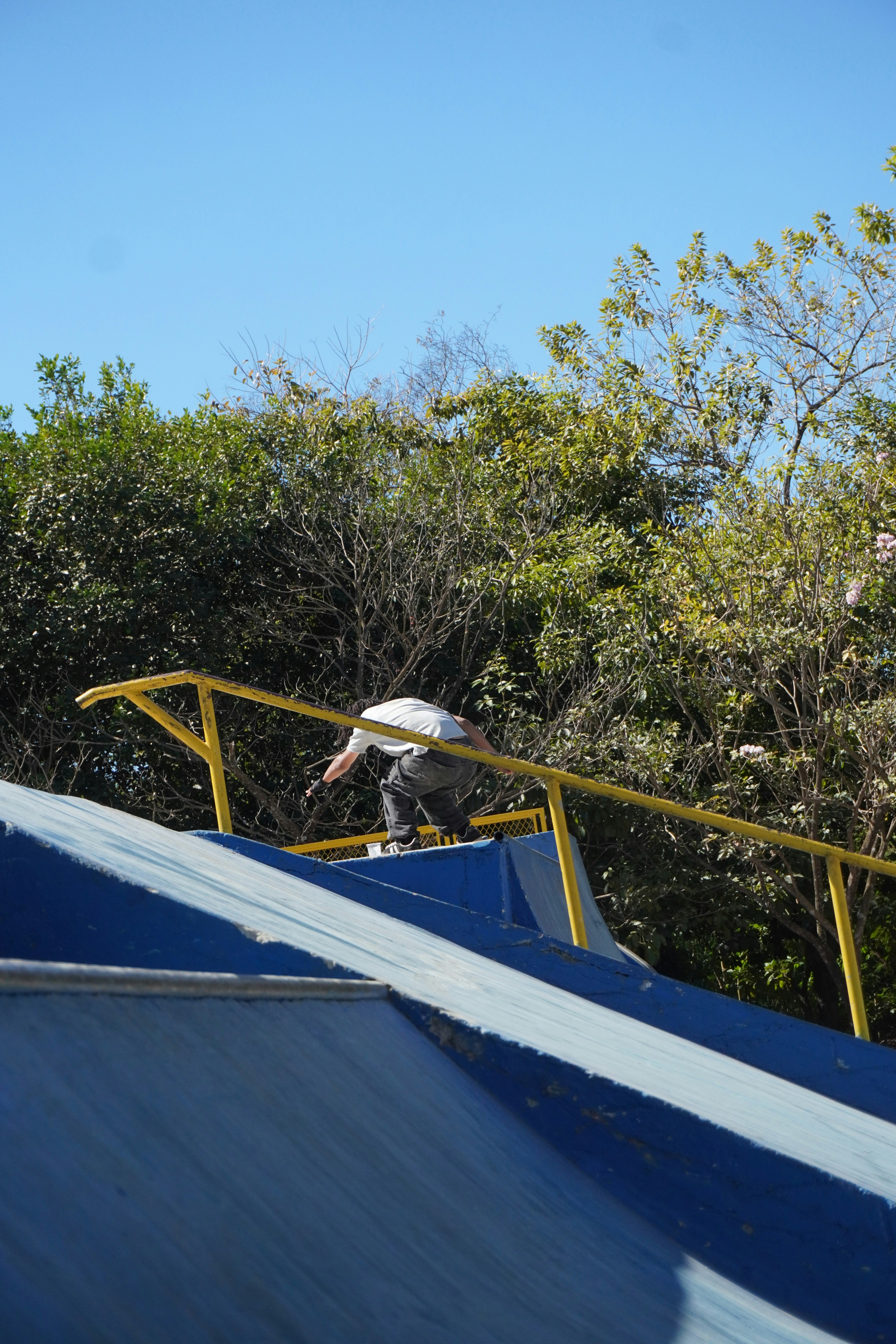 Along the Blue Ramp: A Skateboarder Climbs for the Next Trick
