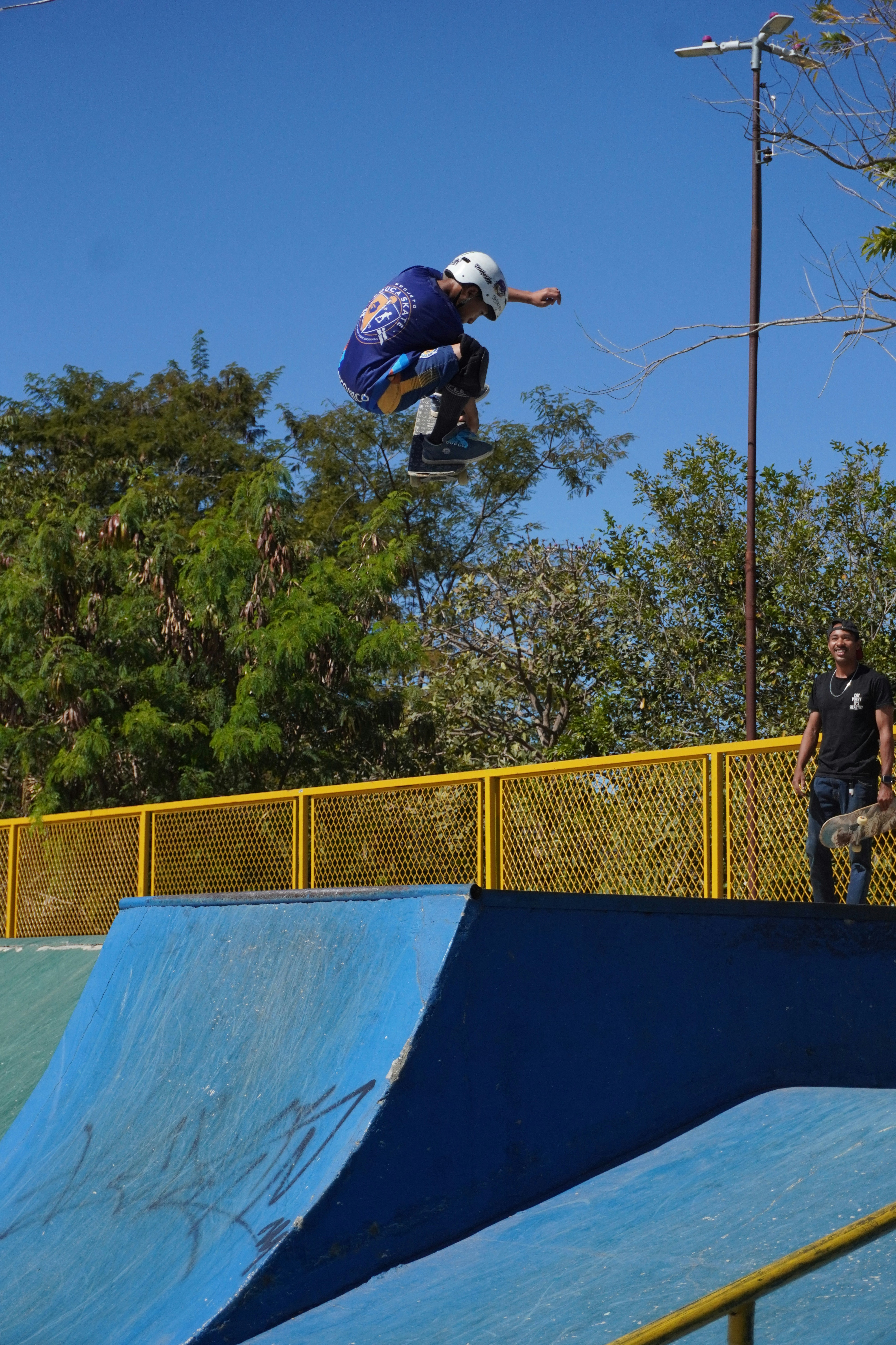 Apex Jump: Skateboarder in Mid-Flight Over Sunny Skatepark