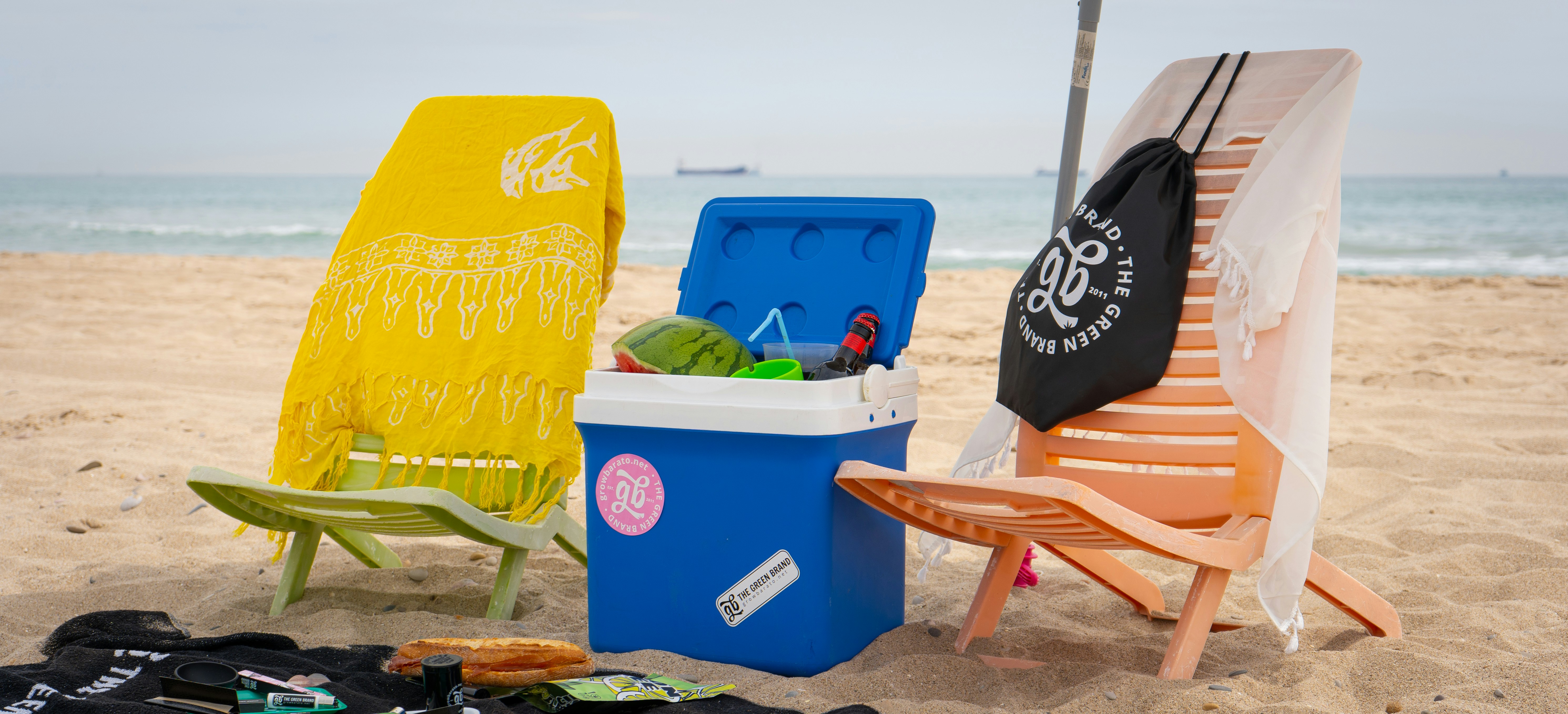 Sunny Beach-day Setup with Colorful Chill Chairs and Coolers