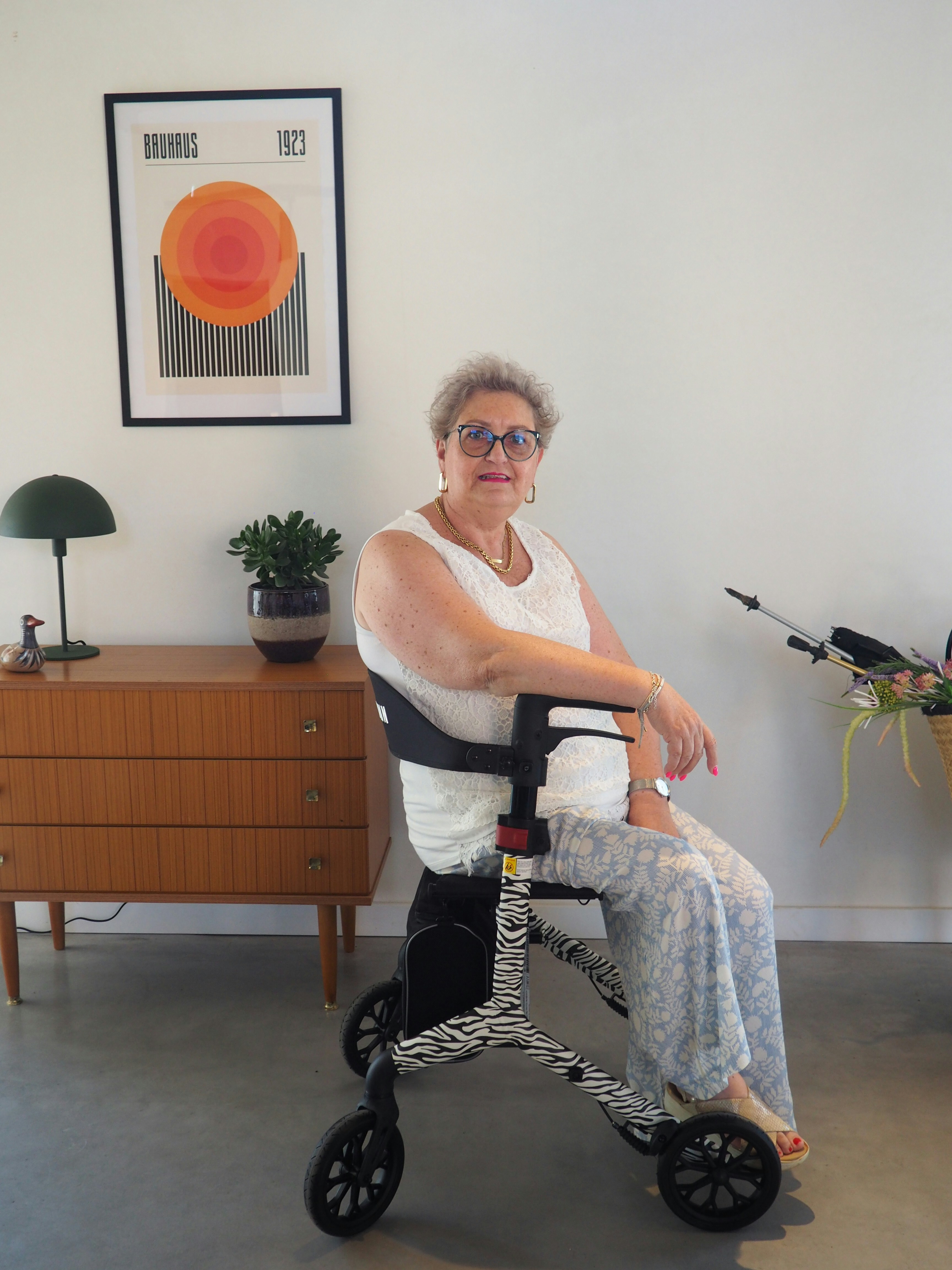 Grace in Motion: A Moment with a Woman in a Zebra‑Stripe Walker