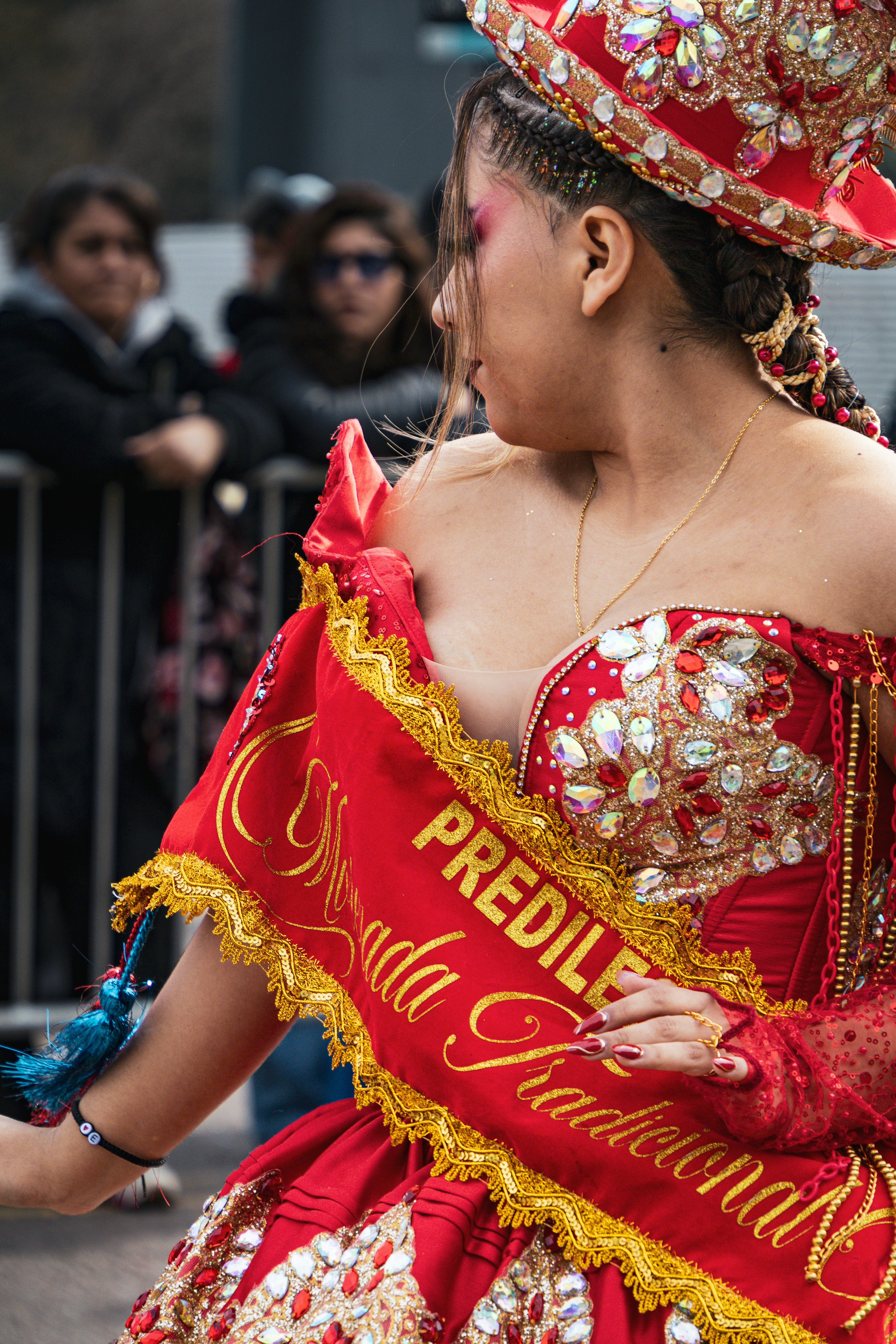 Red Carnival Elegance: A Close-Up of Colorful Pageantry