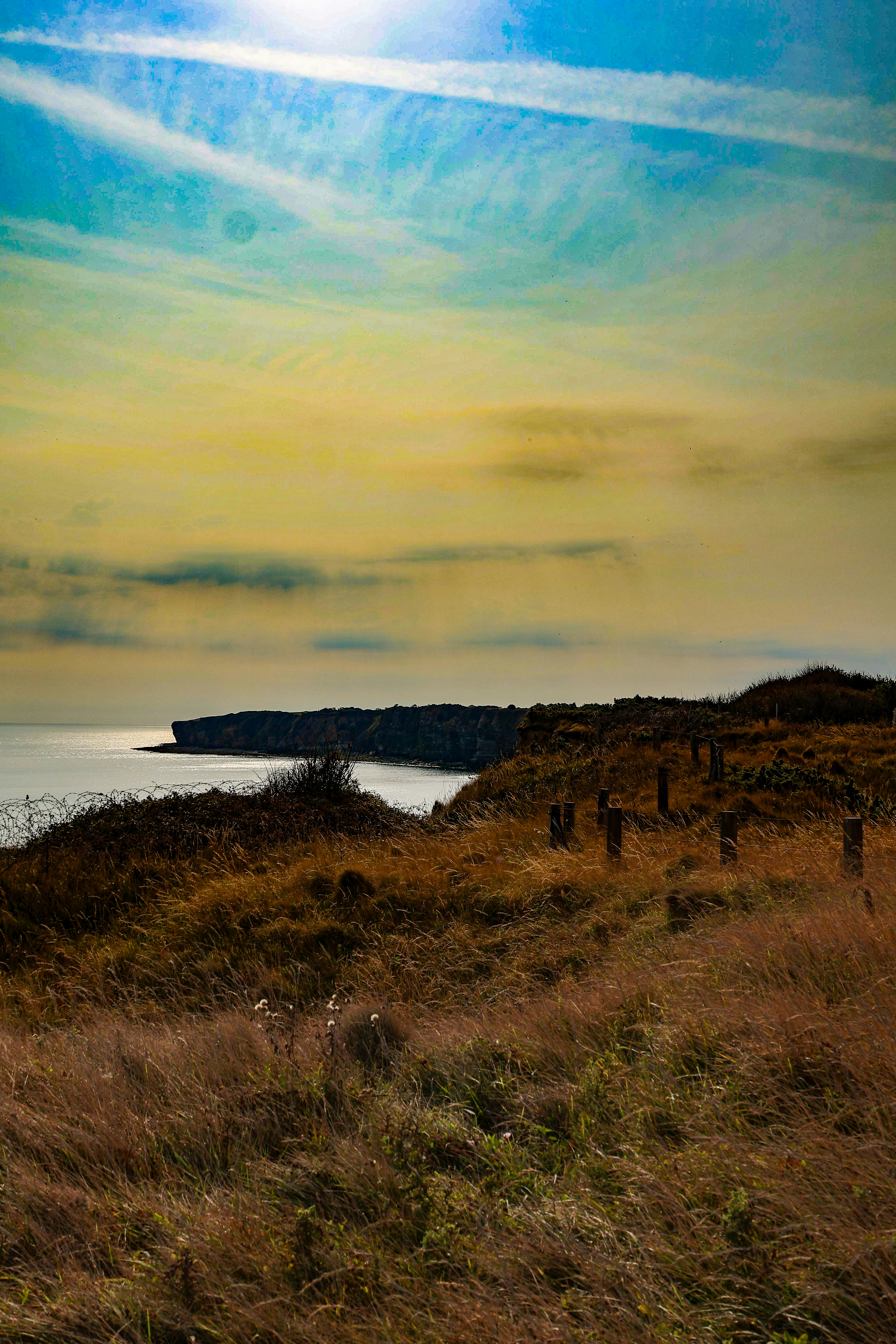 Clifftop Path at Dusk: Coastal Grassland and Worn Fence Posts