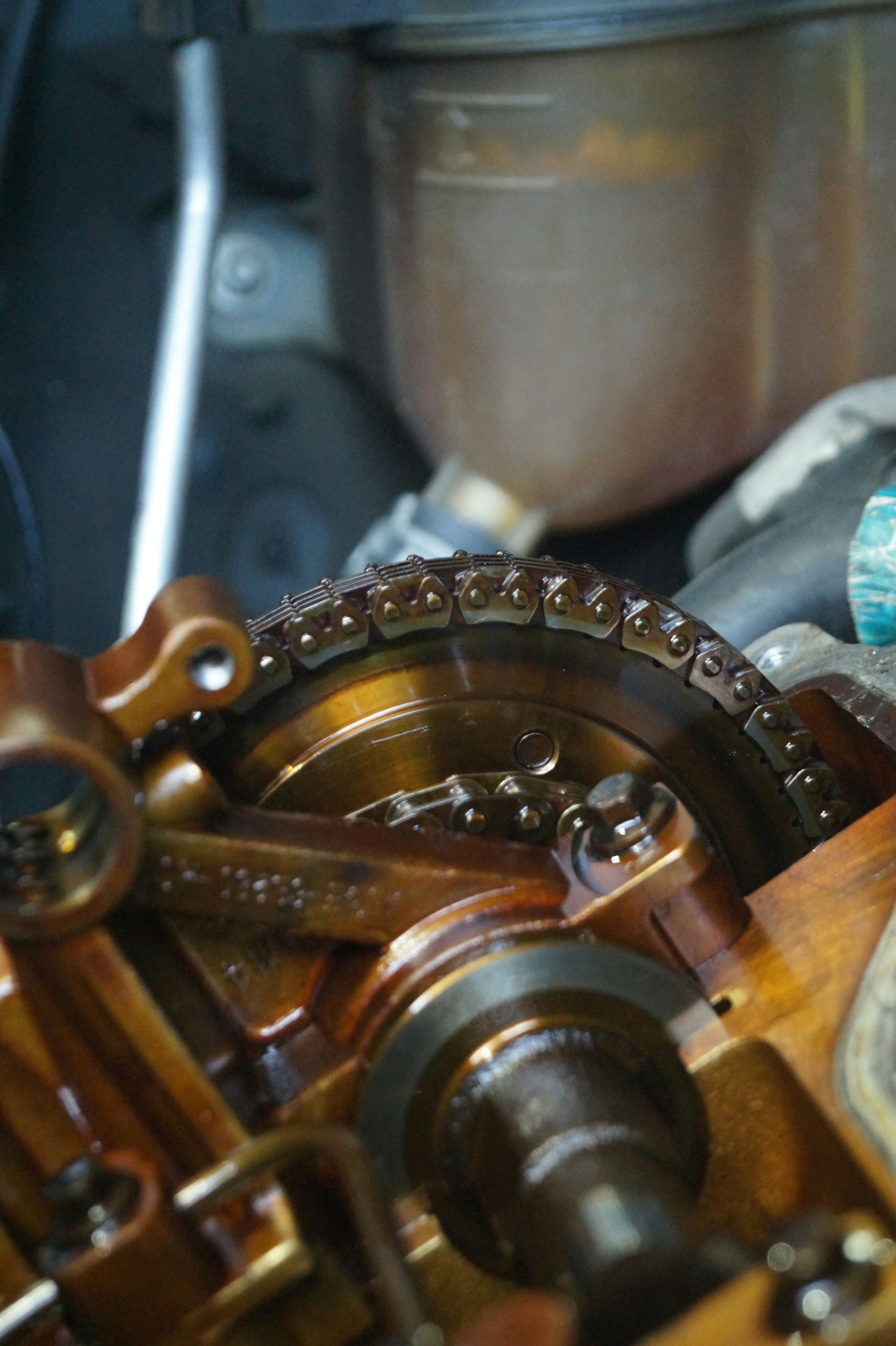 Bronze Bearings and Timing Ring Inside a Disassembled Engine