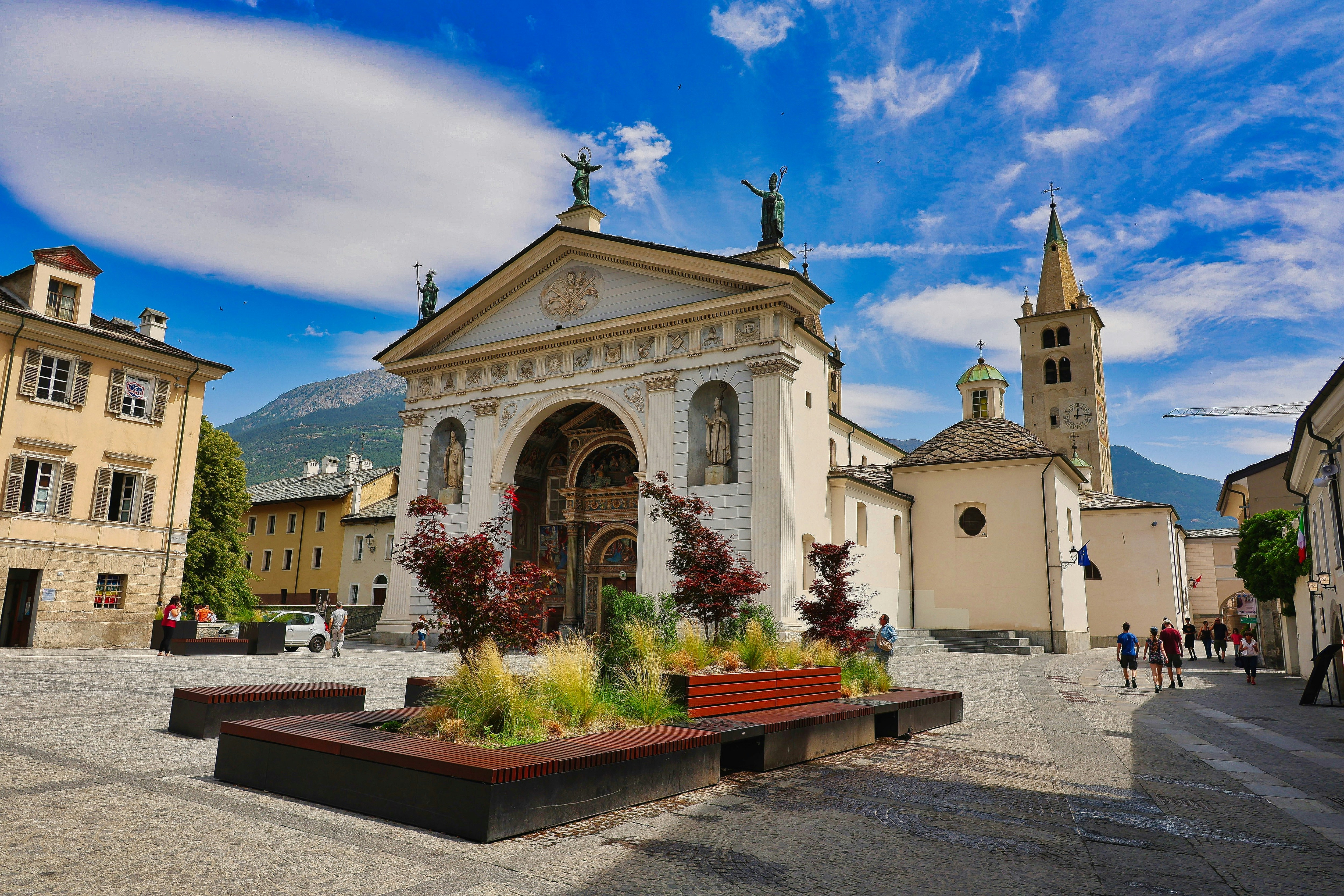 Neoclassical Church Facade Framed by Plaza Planters