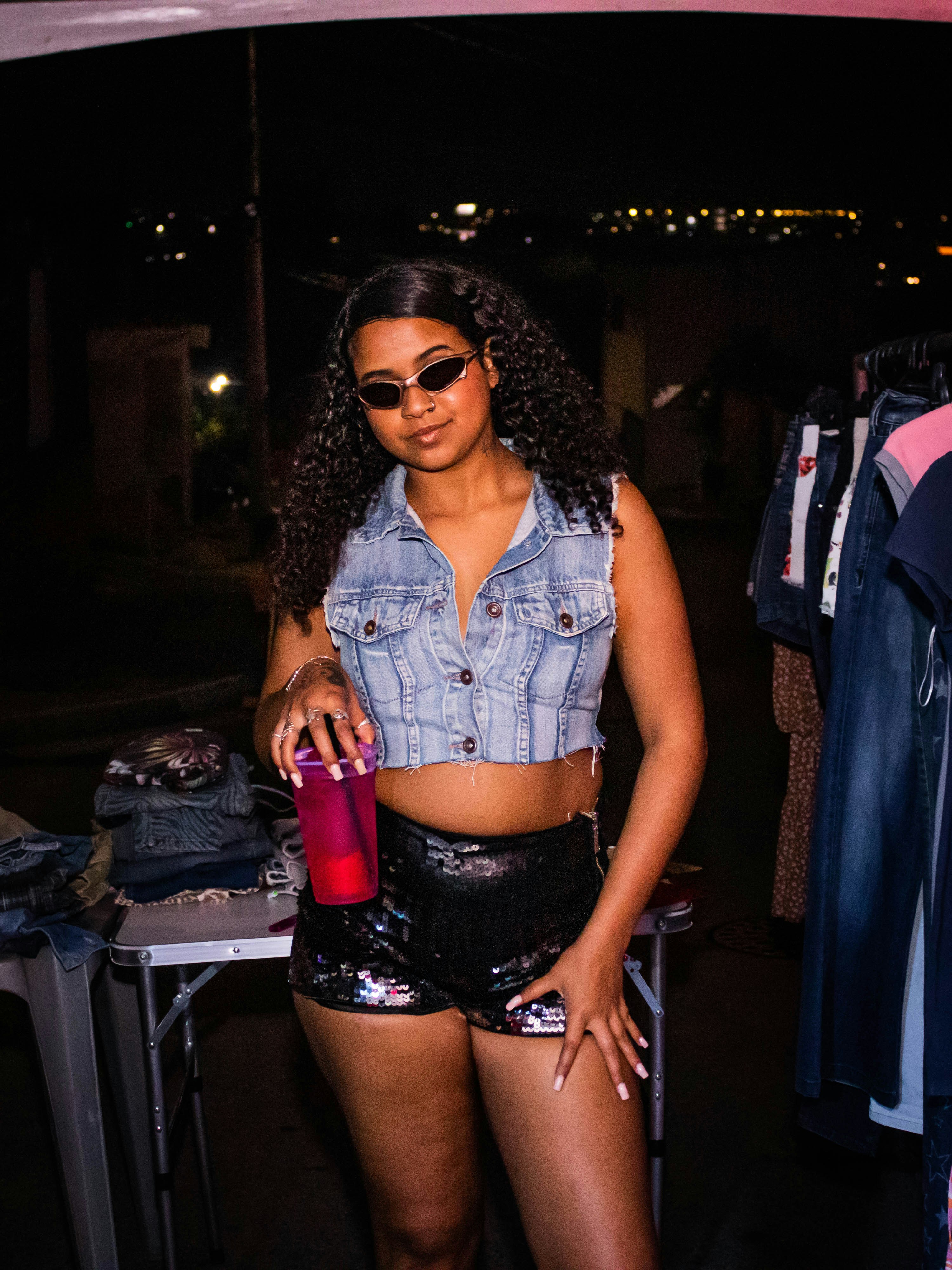 Night Bazaar Confidence: Denim Crop and Neon Nightwear