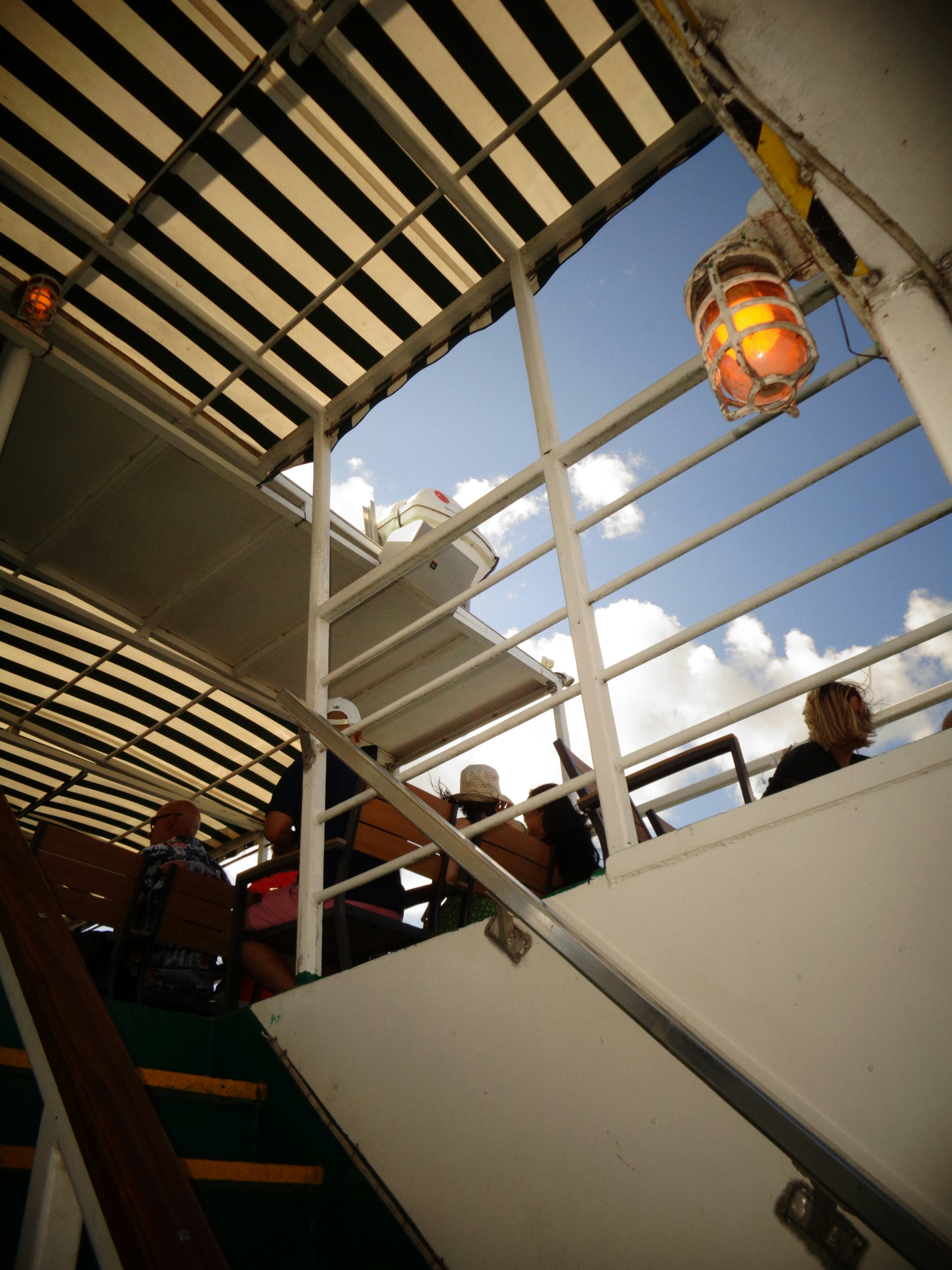 Rooftop Terrace Angles: People, Rails, and Sky