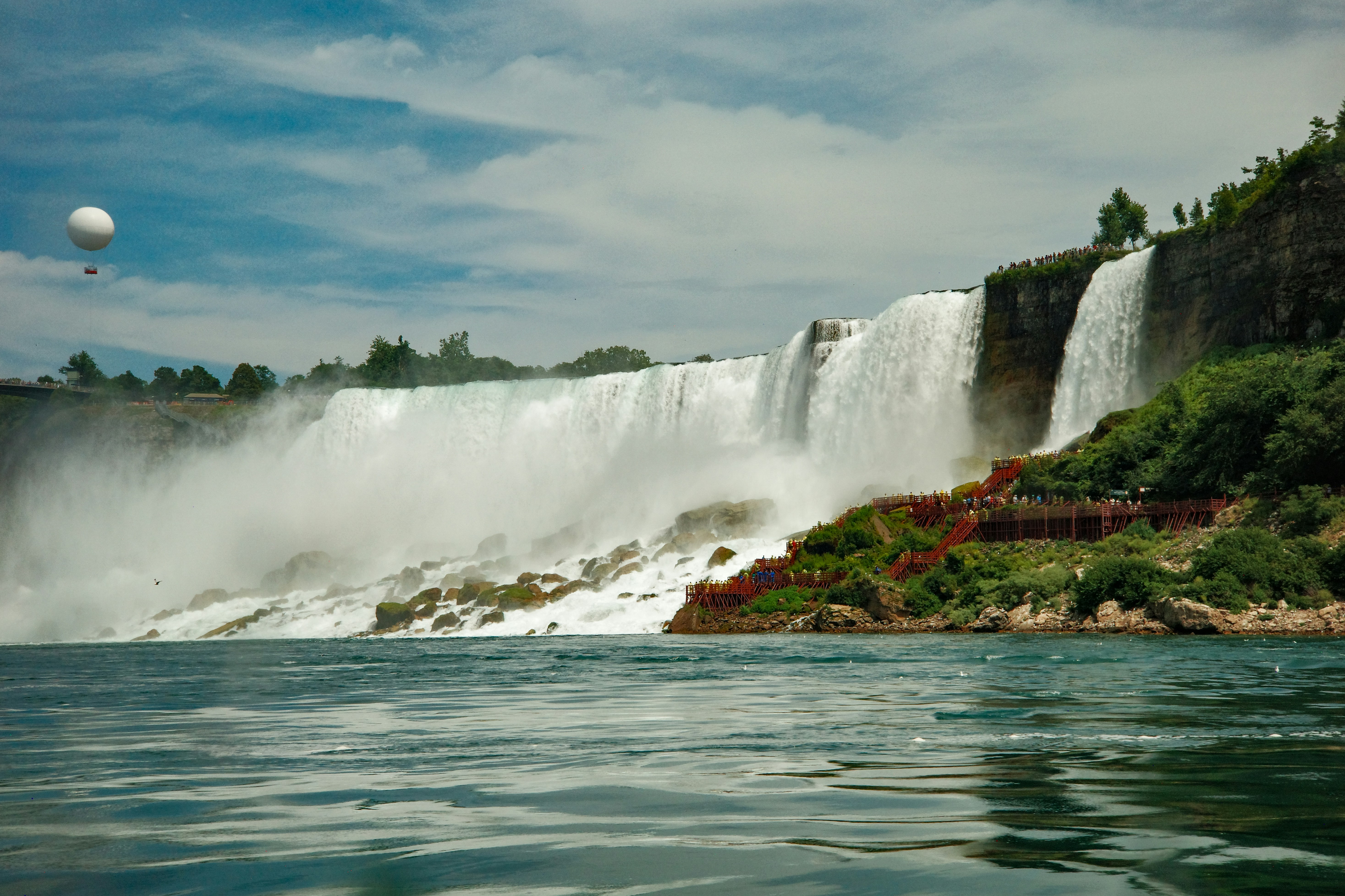 Cascades Against the Horizon: Niagara-like Rush from a Riverwalk