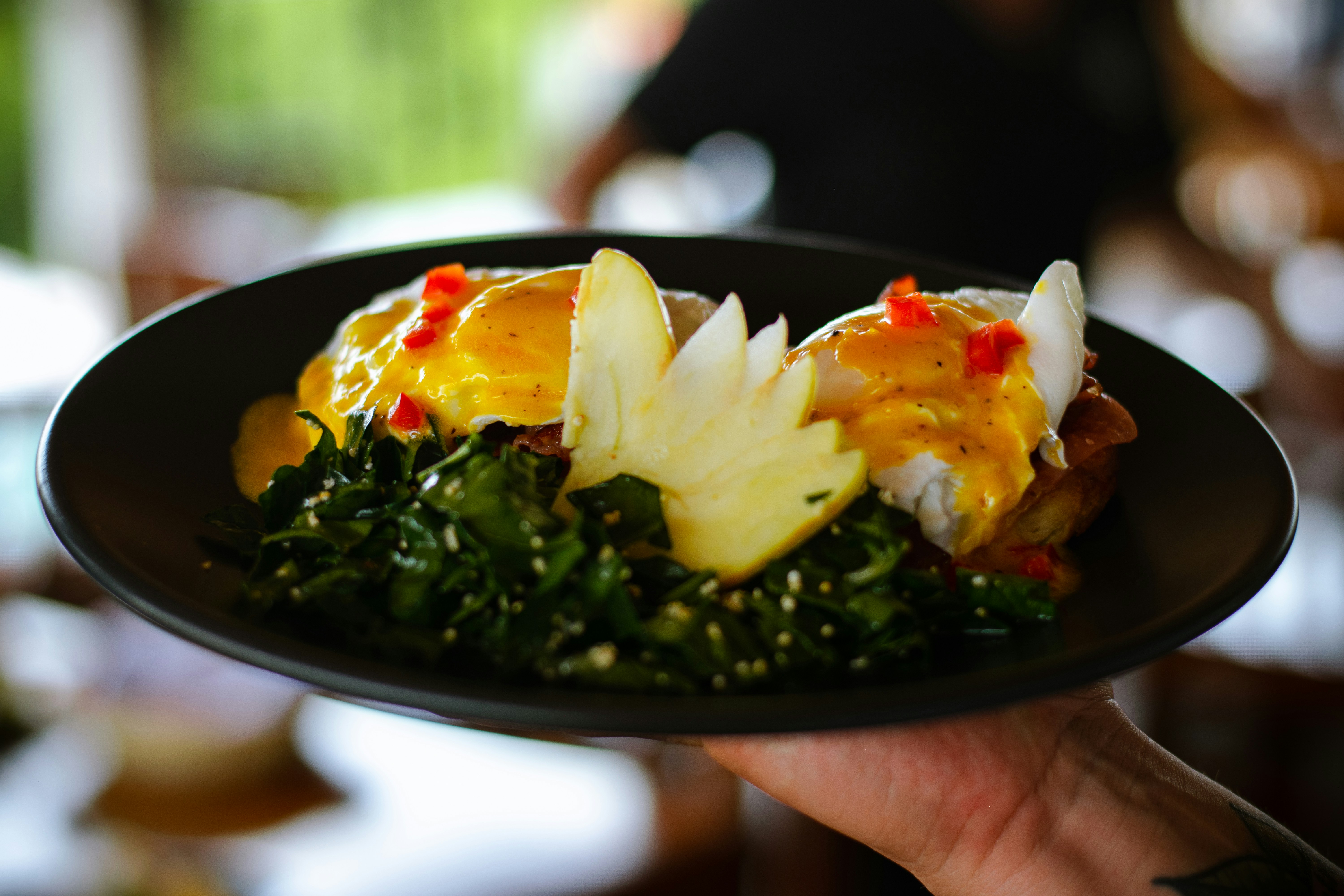 Golden Plate: an artful drizzle of sauce over delicate eggs