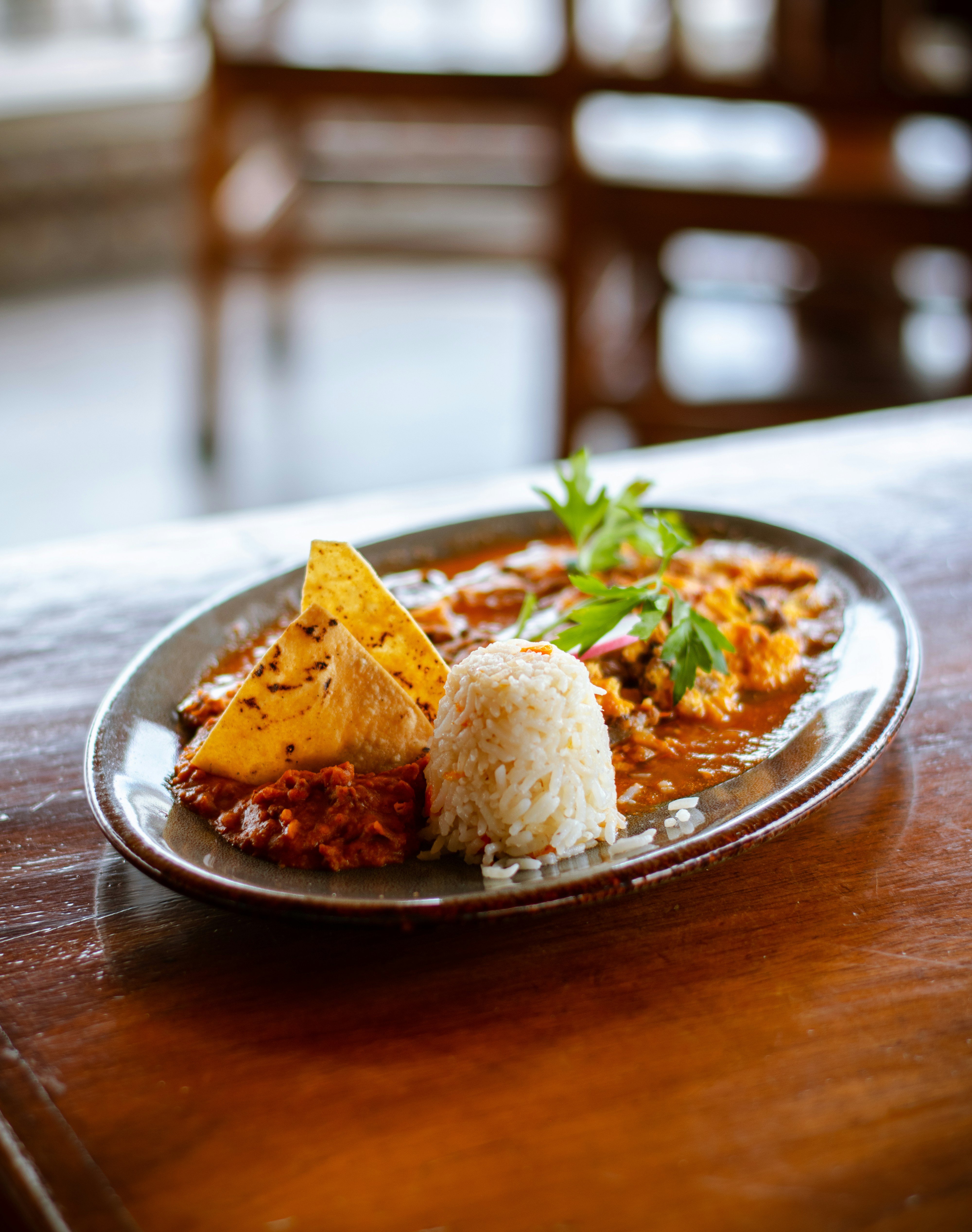 Plateful of Comfort: Mexican Mole with Rice and Tortilla Chips