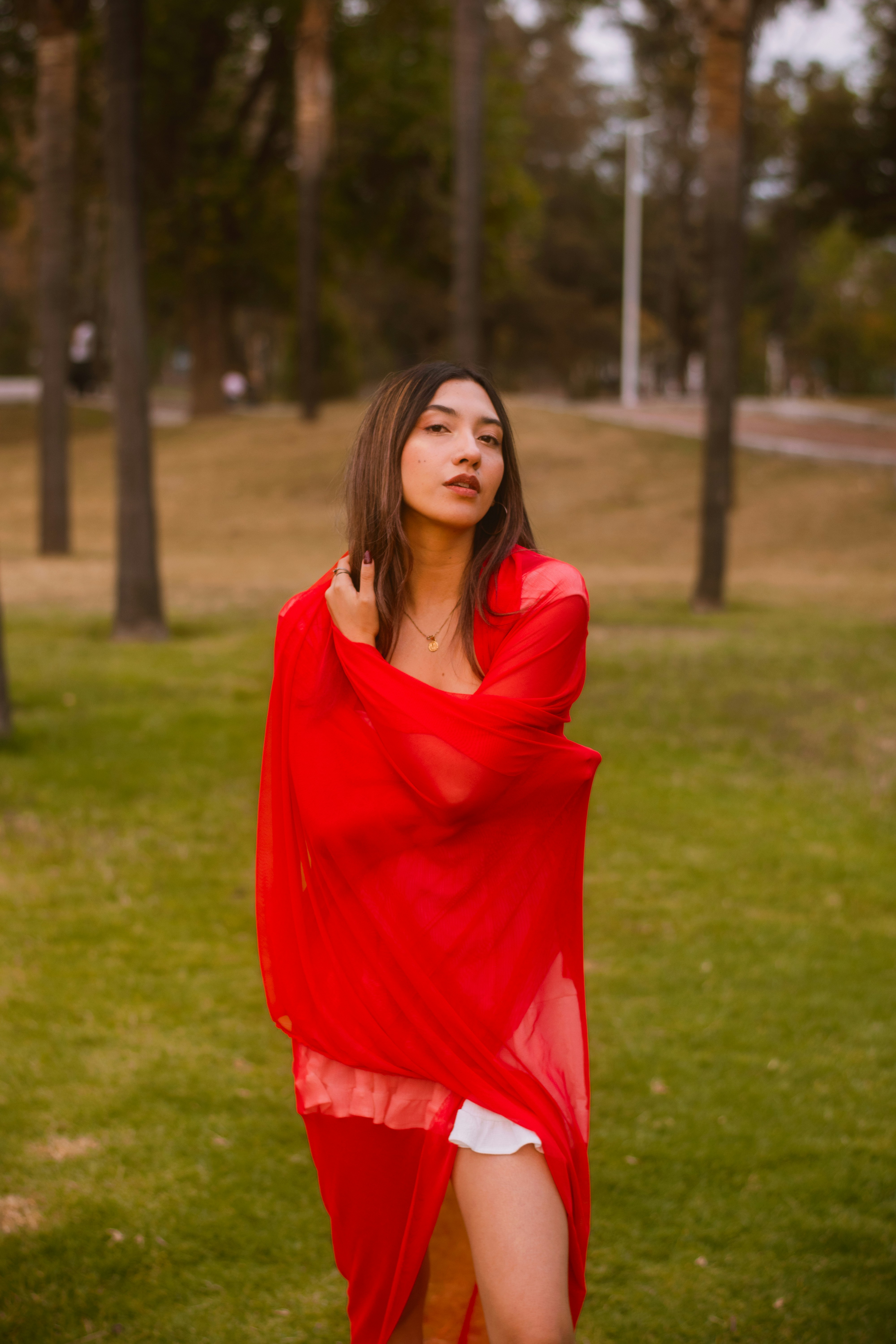 Red Veil in the Park: A Quiet Poise in Scarlet