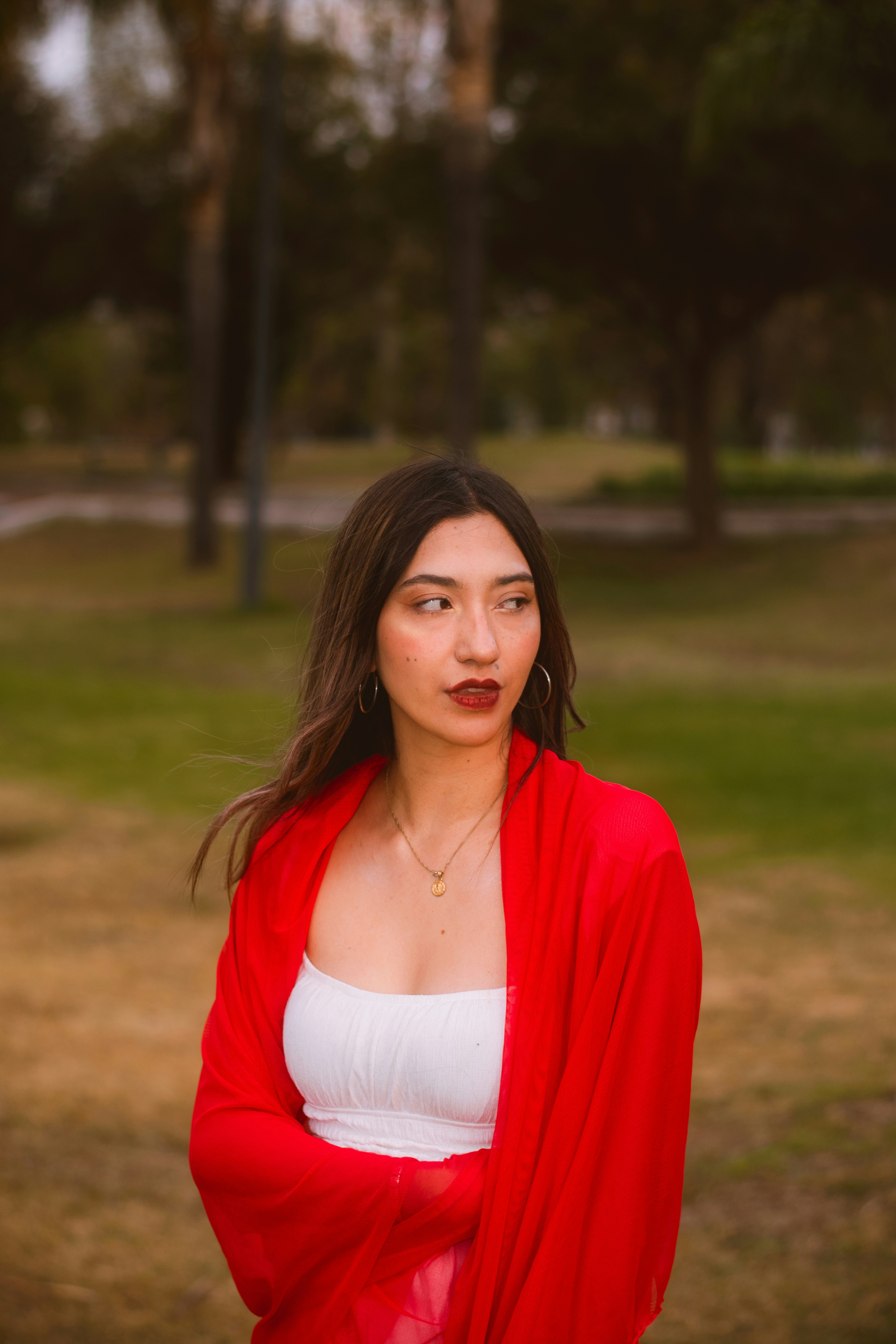 Red Statement in a Park: A Portrait in Scarlet